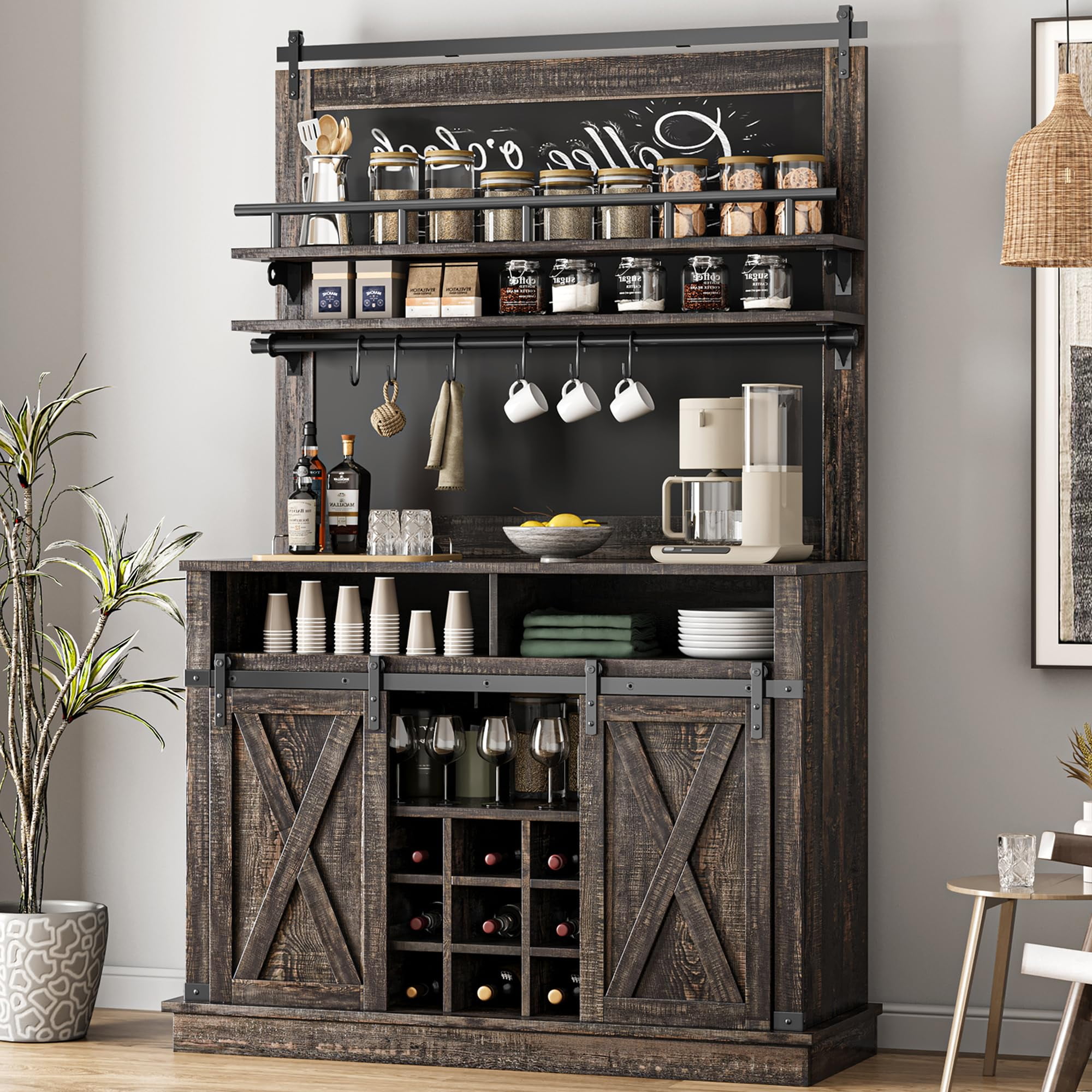 Coffee Bar Cabinet, Farmhouse Buffet Cabinet with Storage, 75" Tall Bar ...