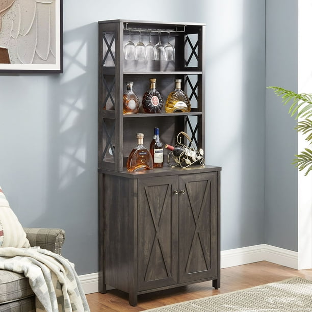 Coffee Bar Cabinet Kitchen Cabinet with Microwave Stand Metal Frame Side Home Source Bar Cabinet Cabinet and Hollow out Barn Design Wood Cabinet