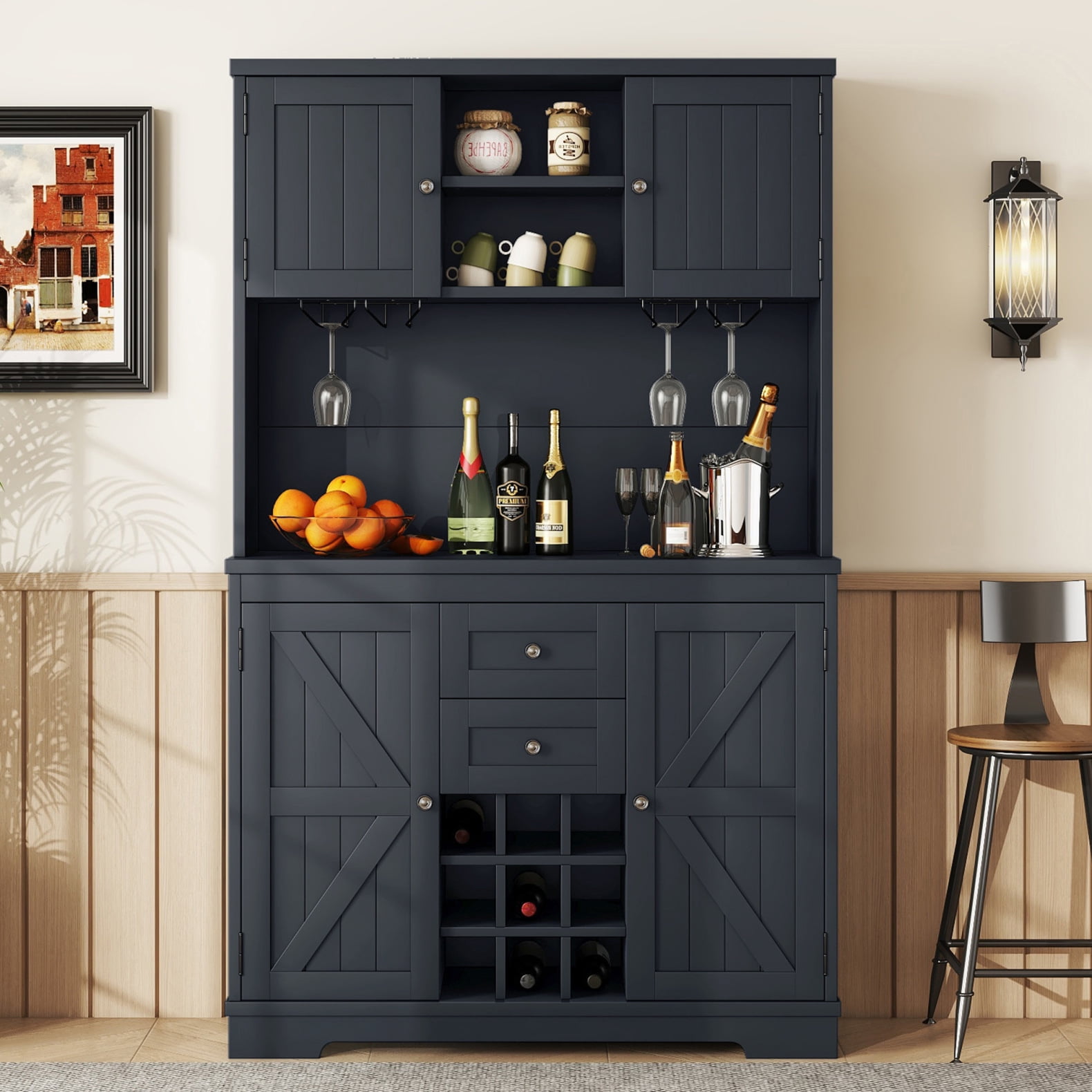Coffee Bar Cabinet Kitchen Storage with Drawers,Farmhouse Wine Cabinet ...