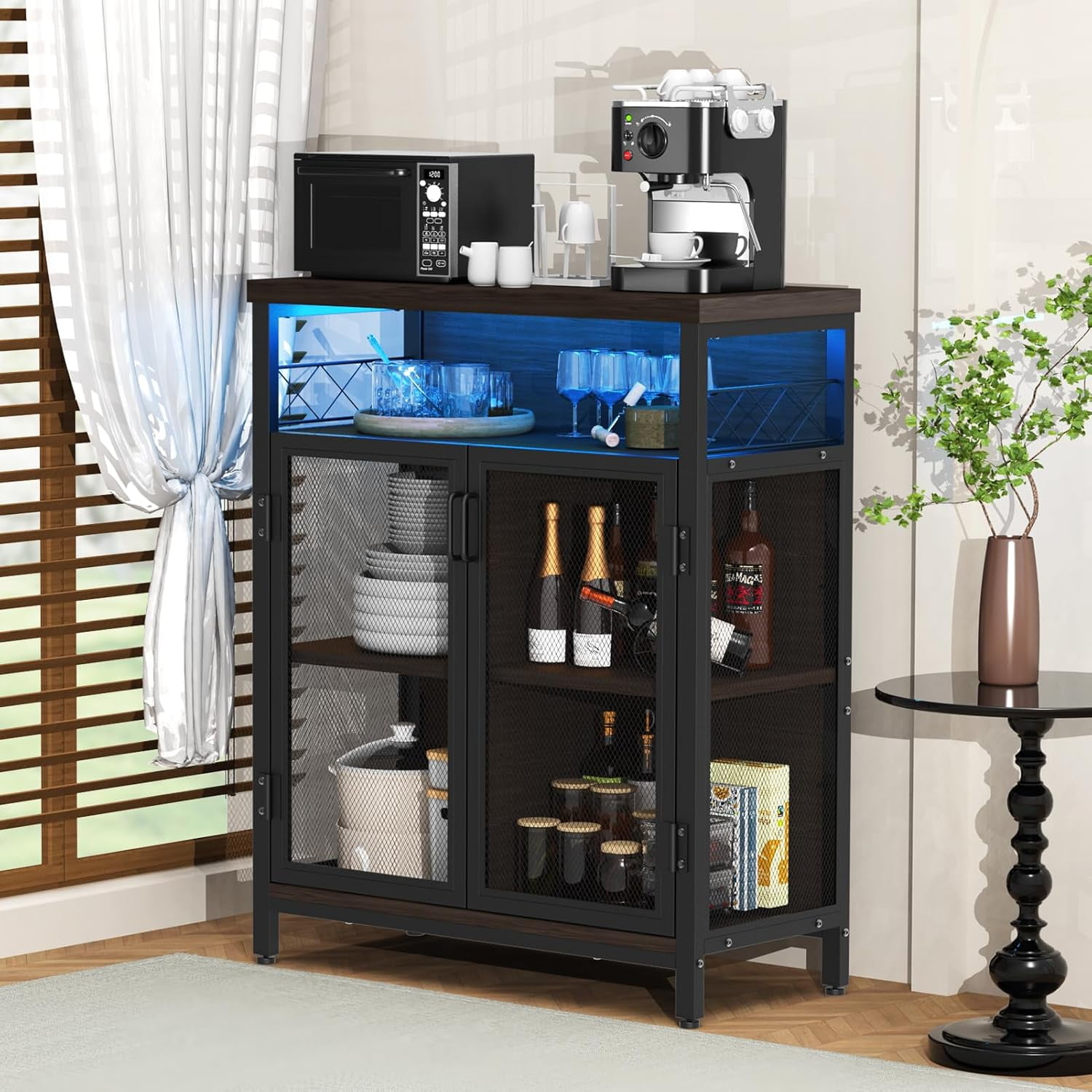 Coffee Bar Cabinet with LED Light for Liquor, Small Storage Cabinet for ...