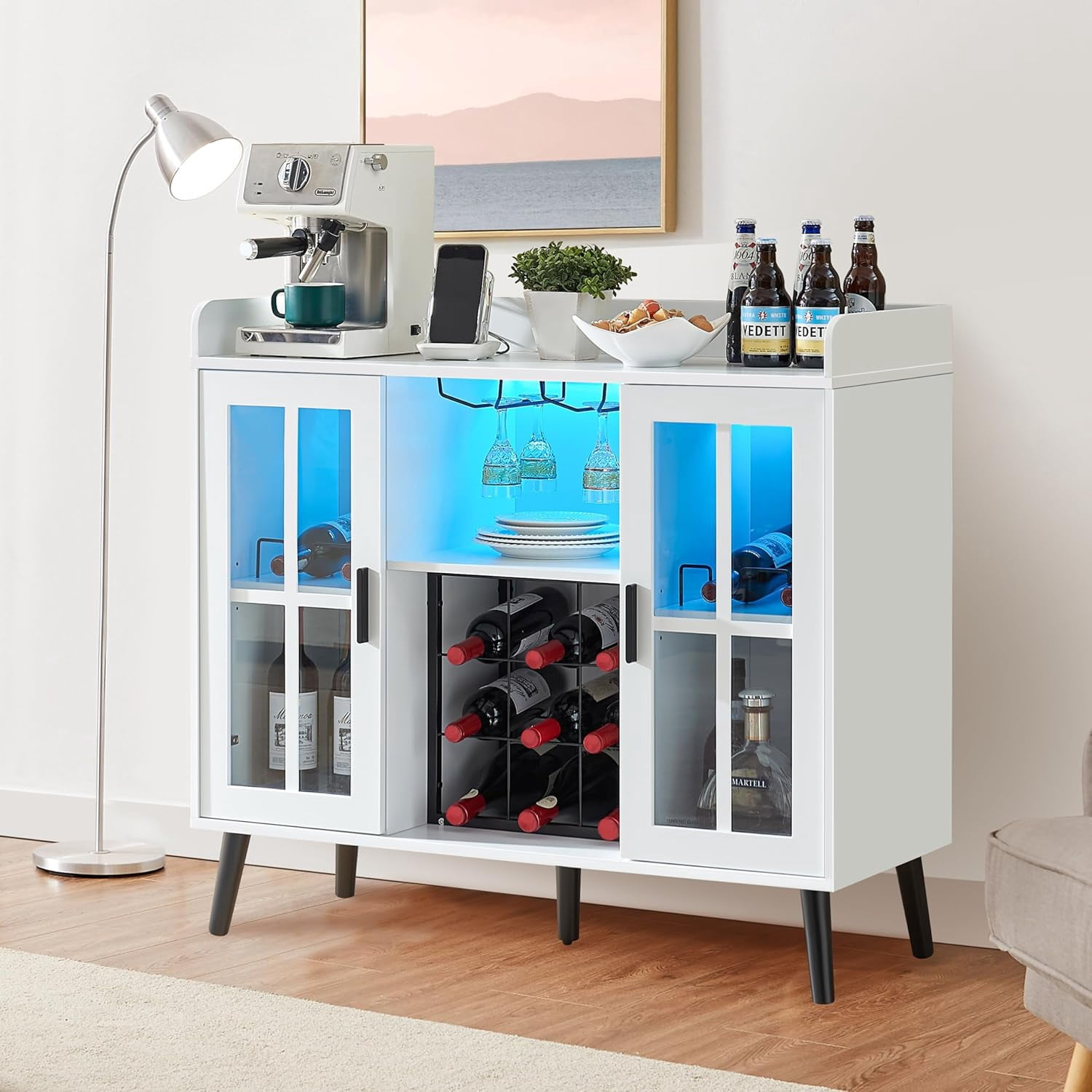 Coffee Bar Cabinet with LED light, Liquor Cabinet with Power Outlet ...
