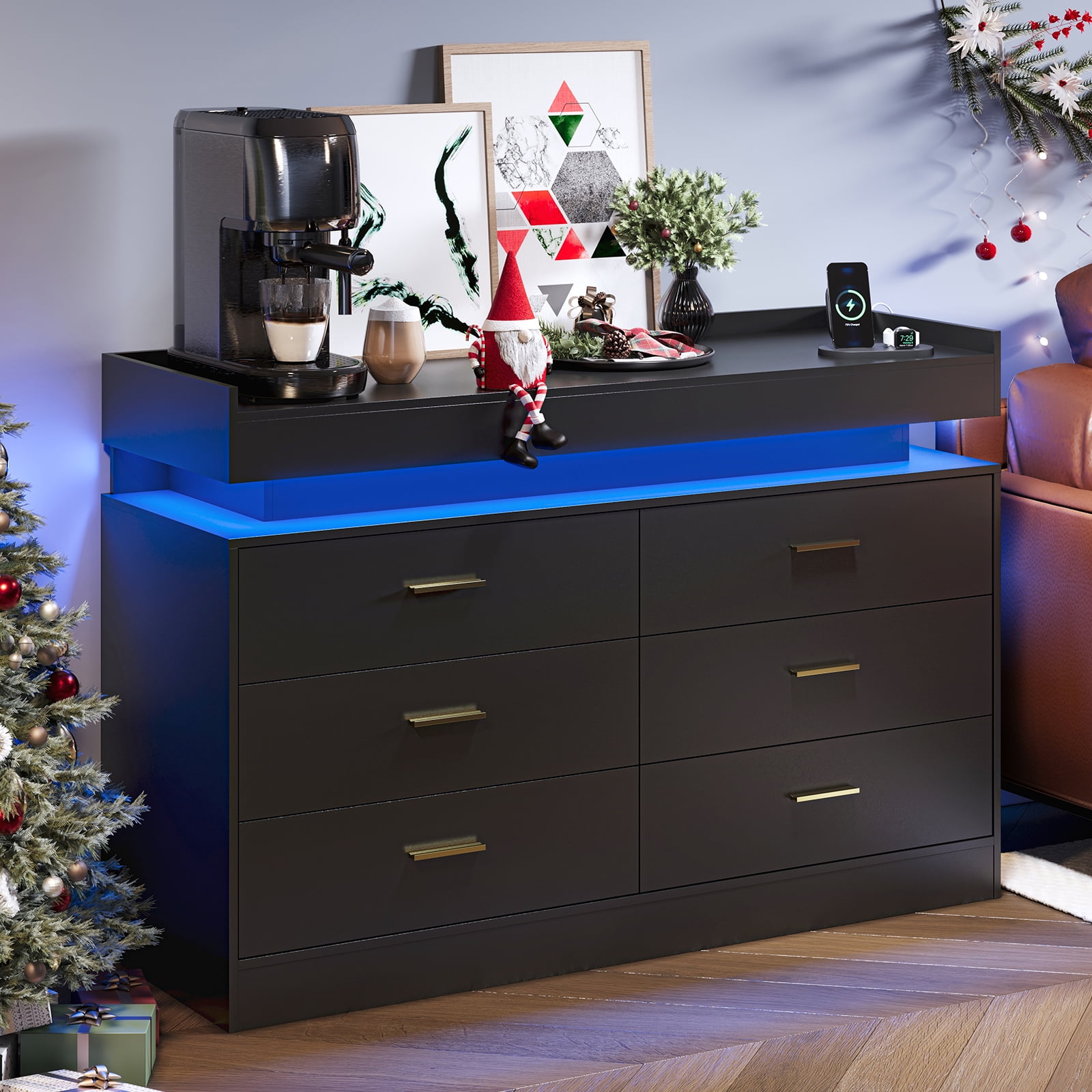 Coffee Bar Cabinet with Led Lights & Charging Station, Buffet Cabinet ...