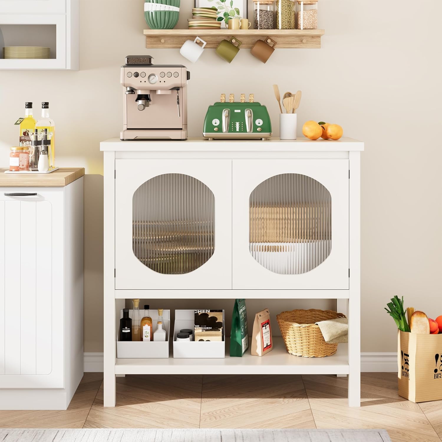 Coffee Bar Cabinet Modern Buffet Sideboard, Reeded Glass Doors ...