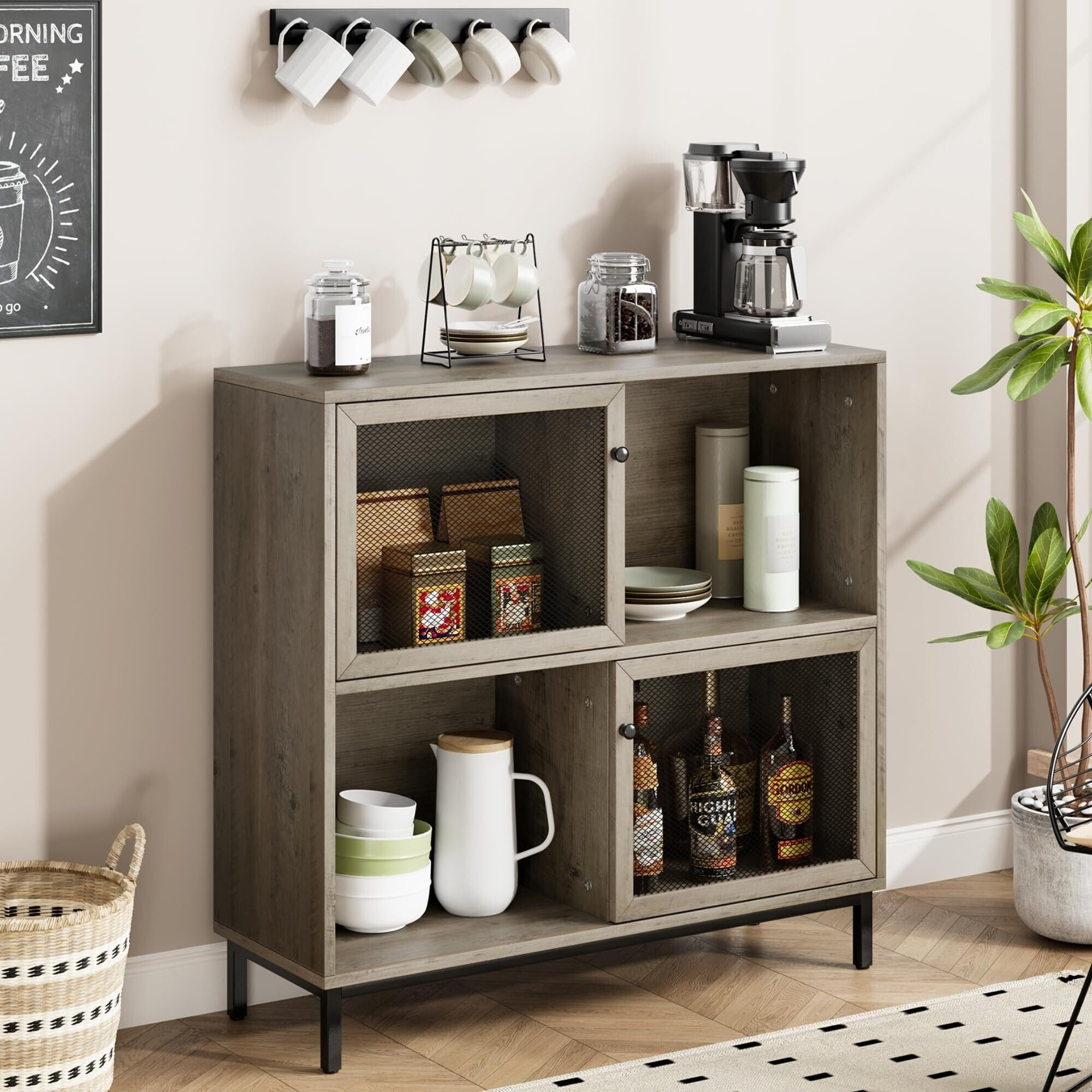 Coffee Bar Cabinet, Modern Buffet Storage Cabinet with Storage Grey ...