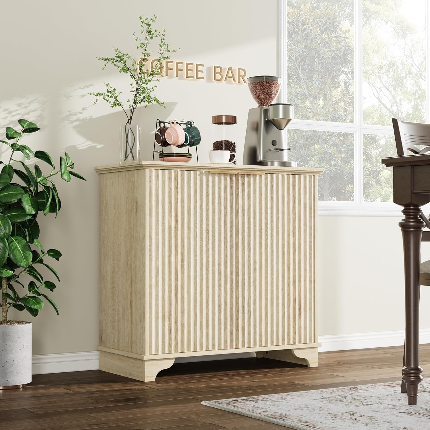 Coffee Bar Cabinet, Modern Farmhouse Kitchen Storage Cabinet with Fluted Doors, Sideboard Buffet ...