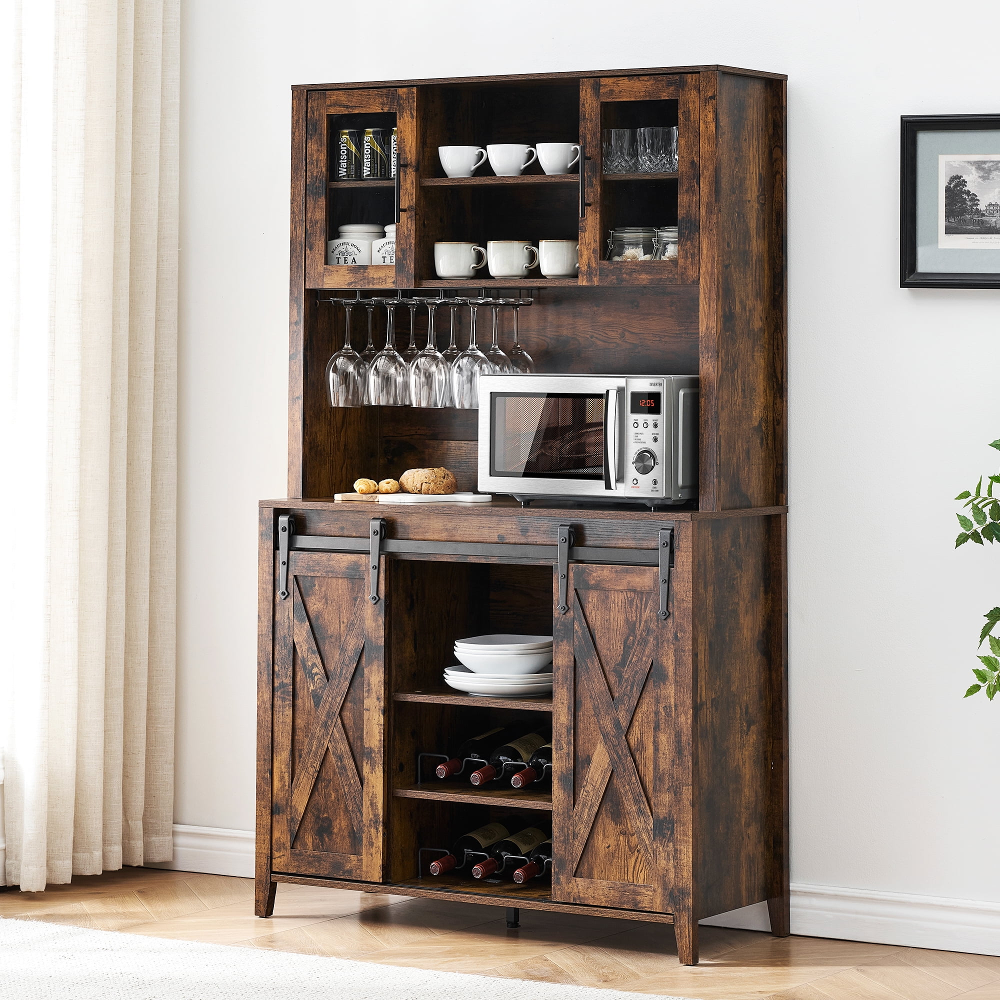 Coffee Bar Cabinet with Sliding Barn Door,70" Tall Buffet Cabinet with ...