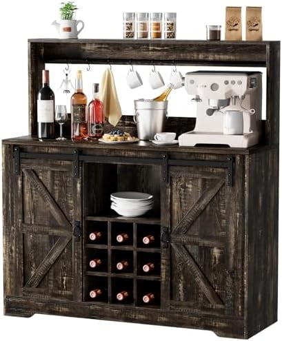 Coffee Bar Cabinet with Storage, Farmhouse Coffee Bar Table with 6 ...