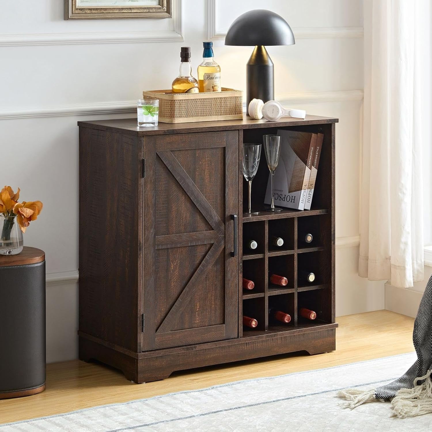 Coffee Bar Cabinet with Wine Rack, 32" H Farmhouse Wooden Accent Wine ...