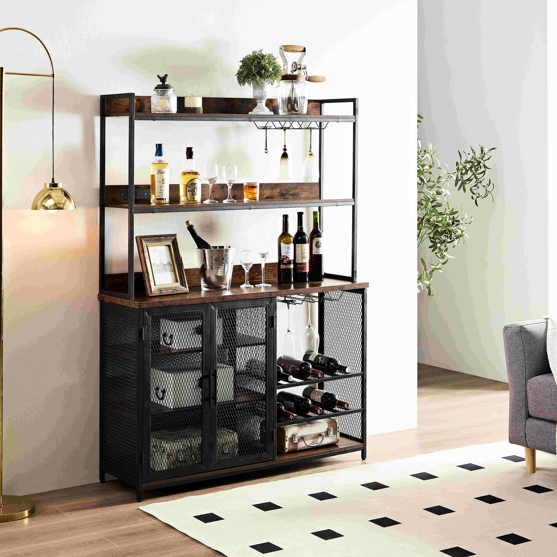 Coffee Bar Cabinet With Electrical Connection, Led Strip, Glass Holder ...