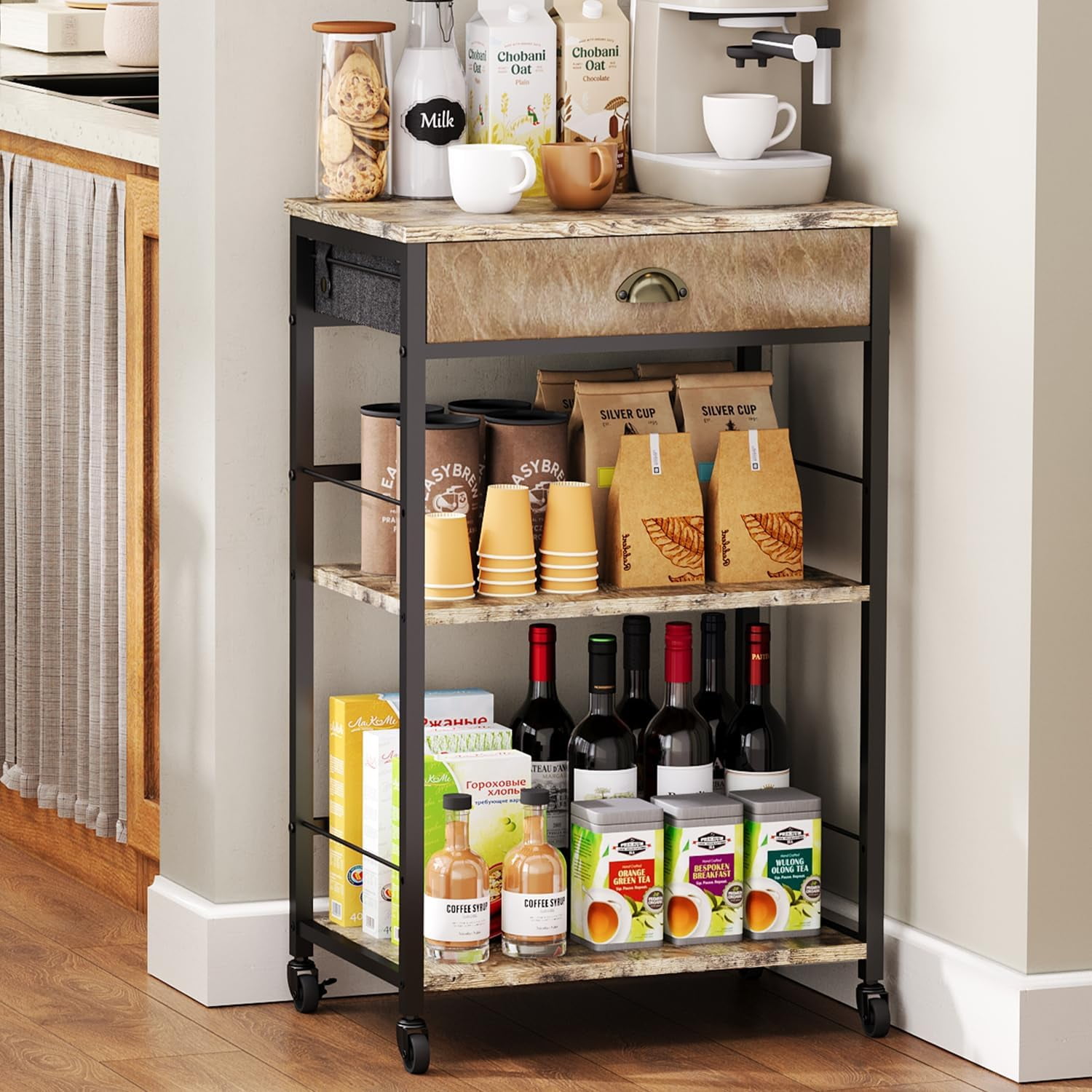 X-cosrack Coffee Bar Cart with Storage, 3-Tier Coffee Table with Drawer ...