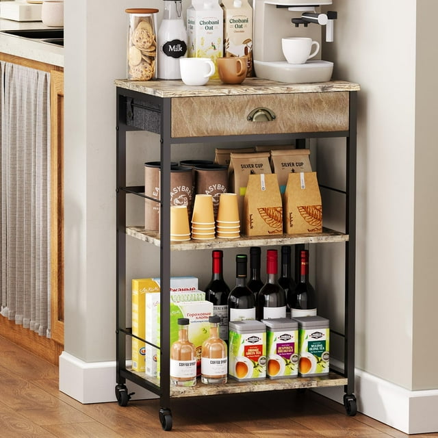 Coffee Bar Cart with Storage, 3-Tier Coffee Table with Drawer for Home ...