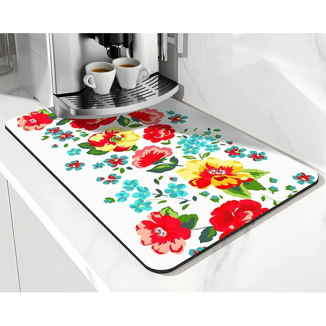 Pioneer Flower Coffee Bar Mat, Absorbent Rubber Backed Dish Drying Mat ...