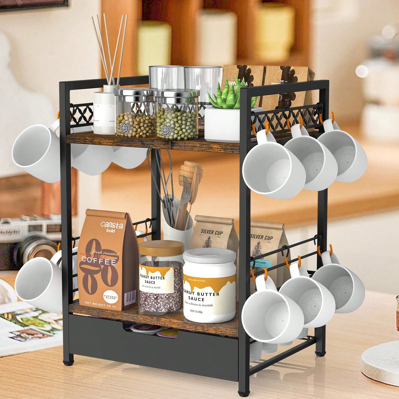 Coffee Bar Organizer Countertop, 2 Tier Mug Cup Holder Stand With 12 ...