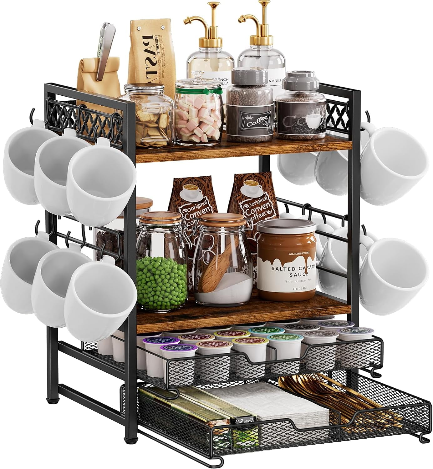 Coffee Bar Organizer Countertop Station Shelf - 4 Tier Mug Holder Stand ...