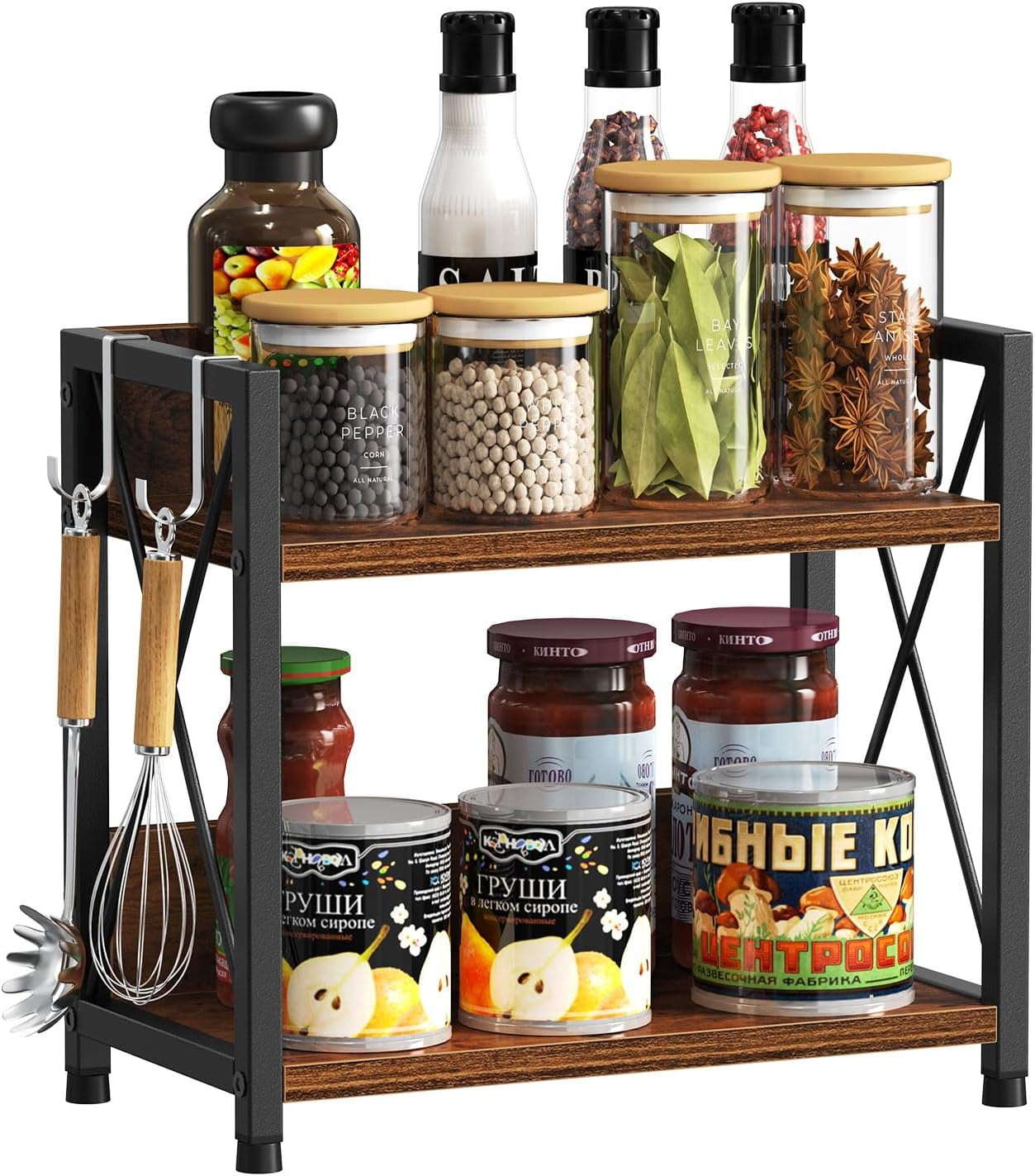 Countertop Shelf Organizer, Kitchen Counter Shelf with Hooks, 2 Tier ...