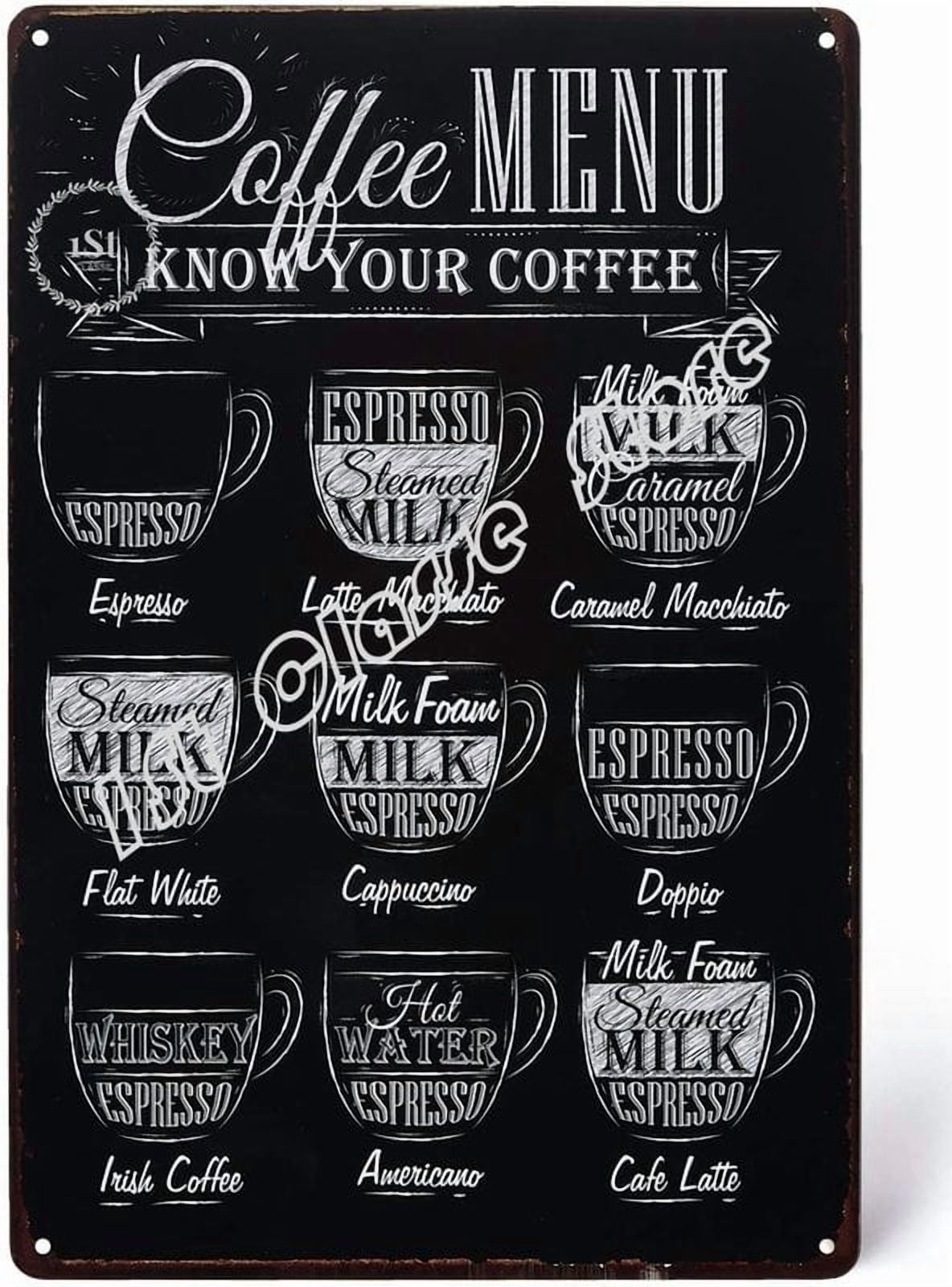 Coffee Bar Sign, Coffee Menu Know Your Coffee Metal Signs Kitchen Decor ...