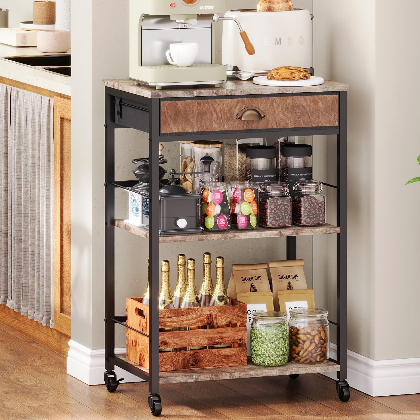 Coffee Bar Stand Station Cart with Storage Drawer -3 Tier, Extended ...