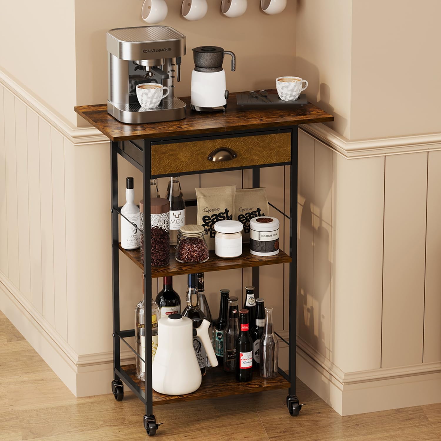 Coffee Bar Stand Station Cart with Storage Drawer -3 Tier, Extended ...