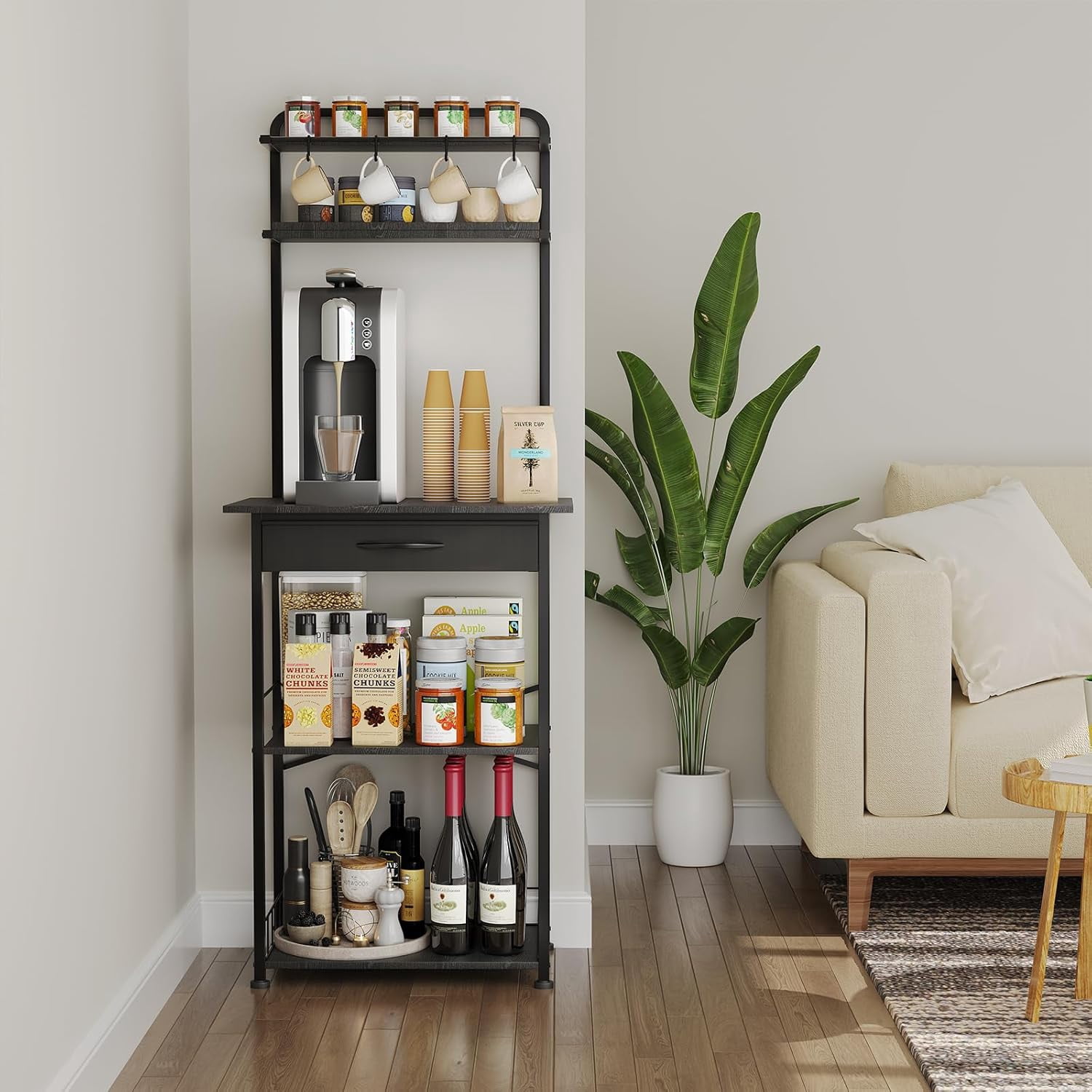 Coffee Bar Station Bakers Rack with Fabric Drawer, Black Kitchen ...
