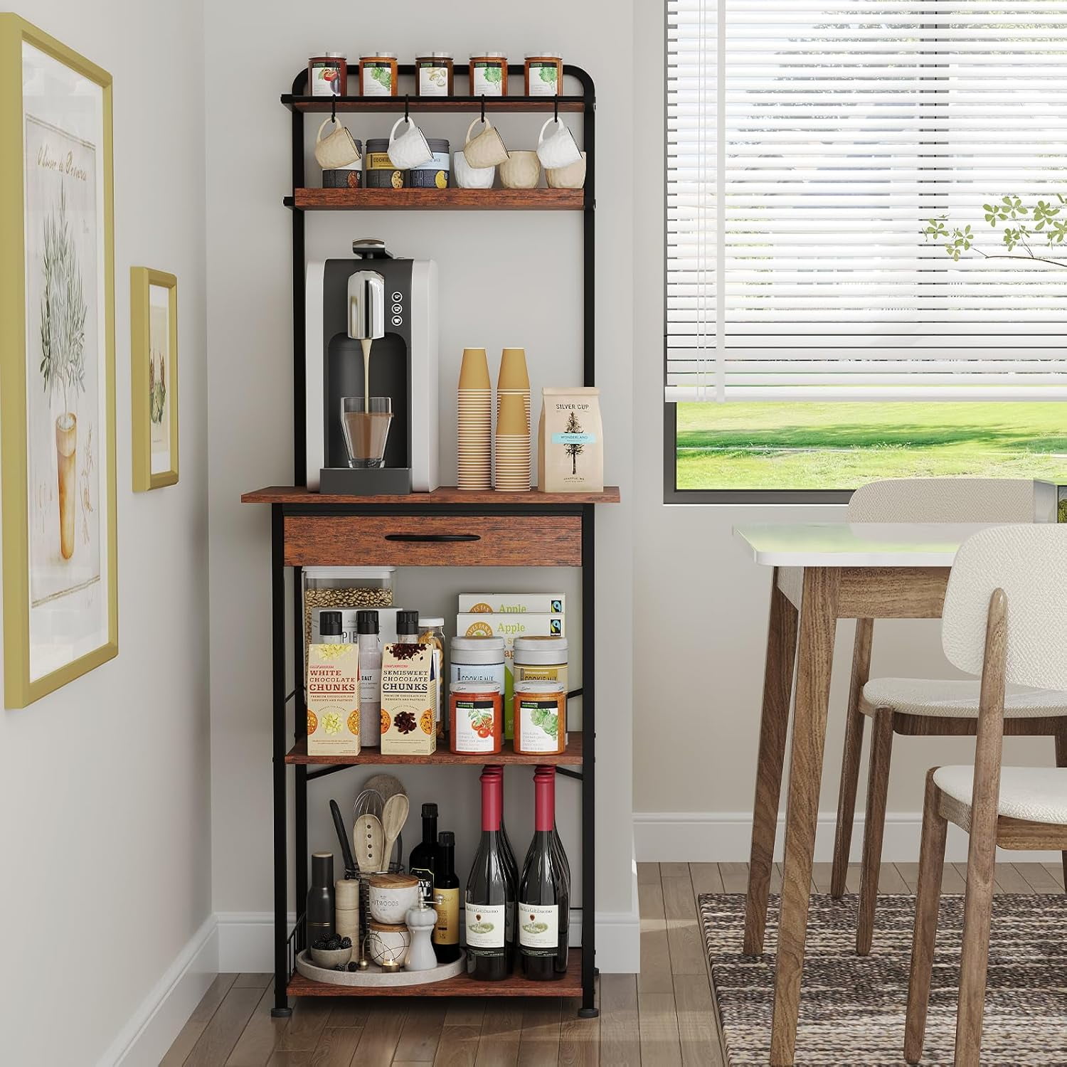 Coffee Bar Station - Bakers Rack with Fabric Drawer, Microwave Oven ...