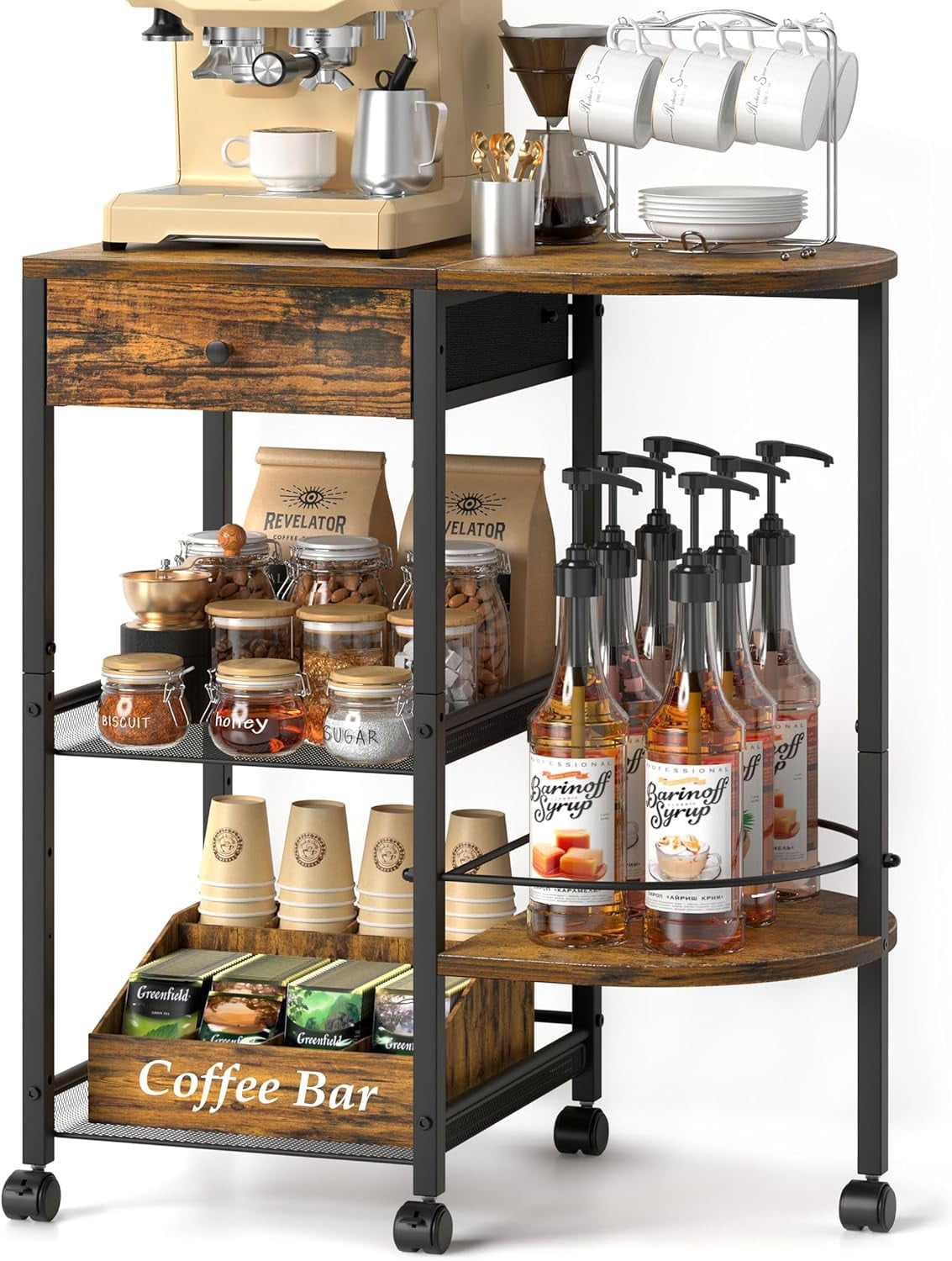 Coffee Bar Station with Wheels,Coffee Cart with Storage Drawer,15.35 ...