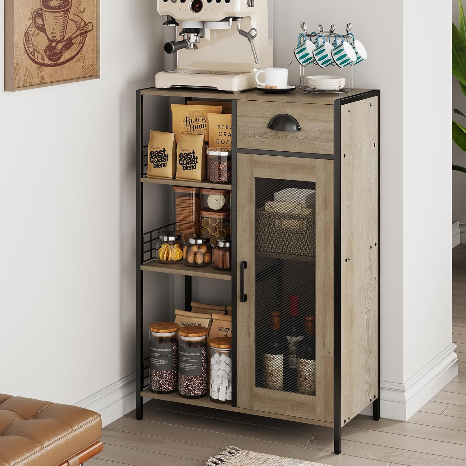Coffee Bar Table with Storage Drawer, Adjustable Shelf Farmhouse Coffee ...