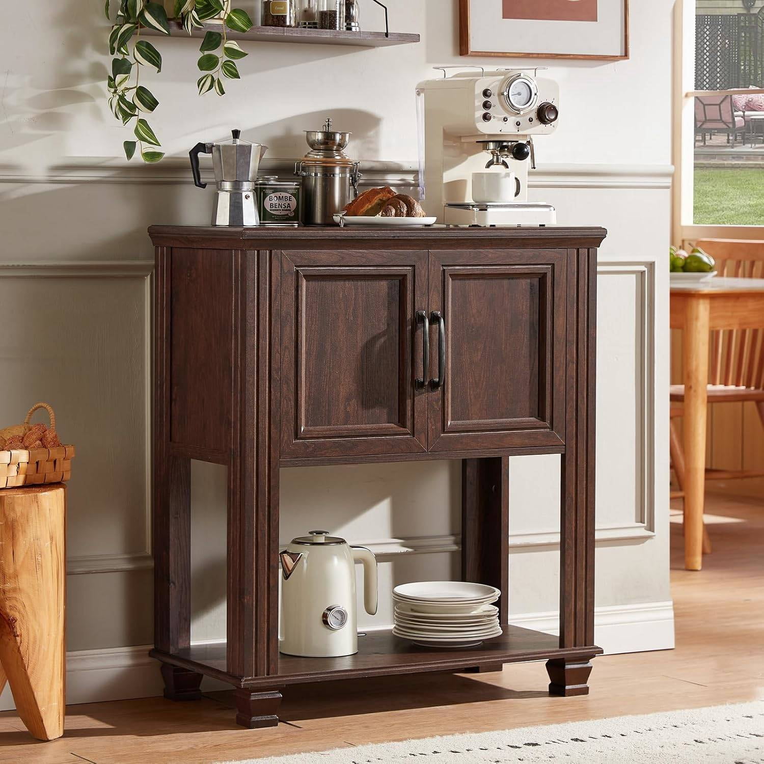 Coffee Bar Table with 2-Door Cabinet and Open Shelf, Walnut Finish, for ...