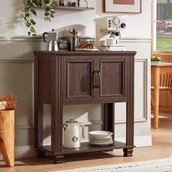 Coffee Bar Table with 2-Door Cabinet and Open Shelf, Walnut Finish, for ...