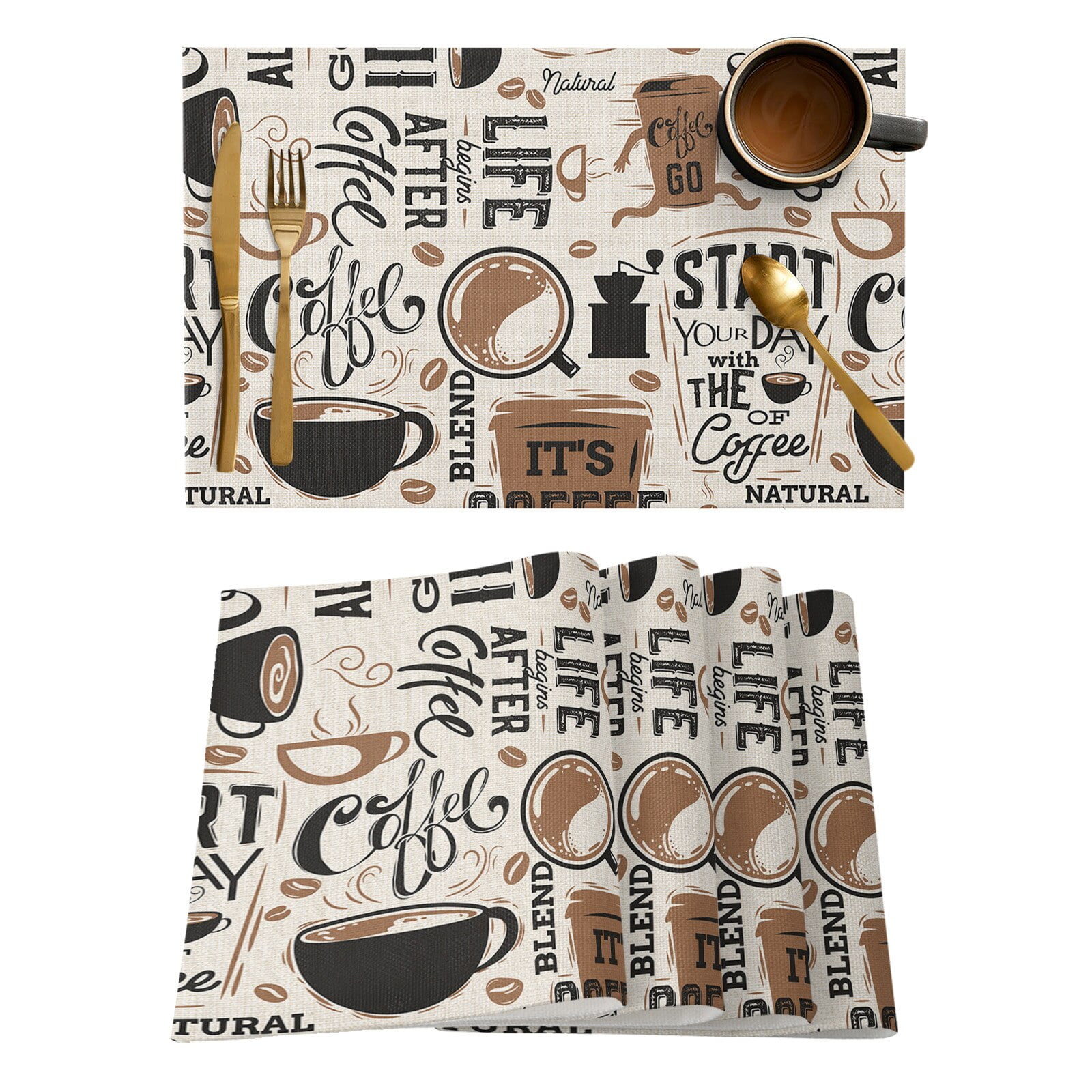Coffee Bean Coffee Cup Placemat for Dining Table Tableware Mats 4/6pcs ...