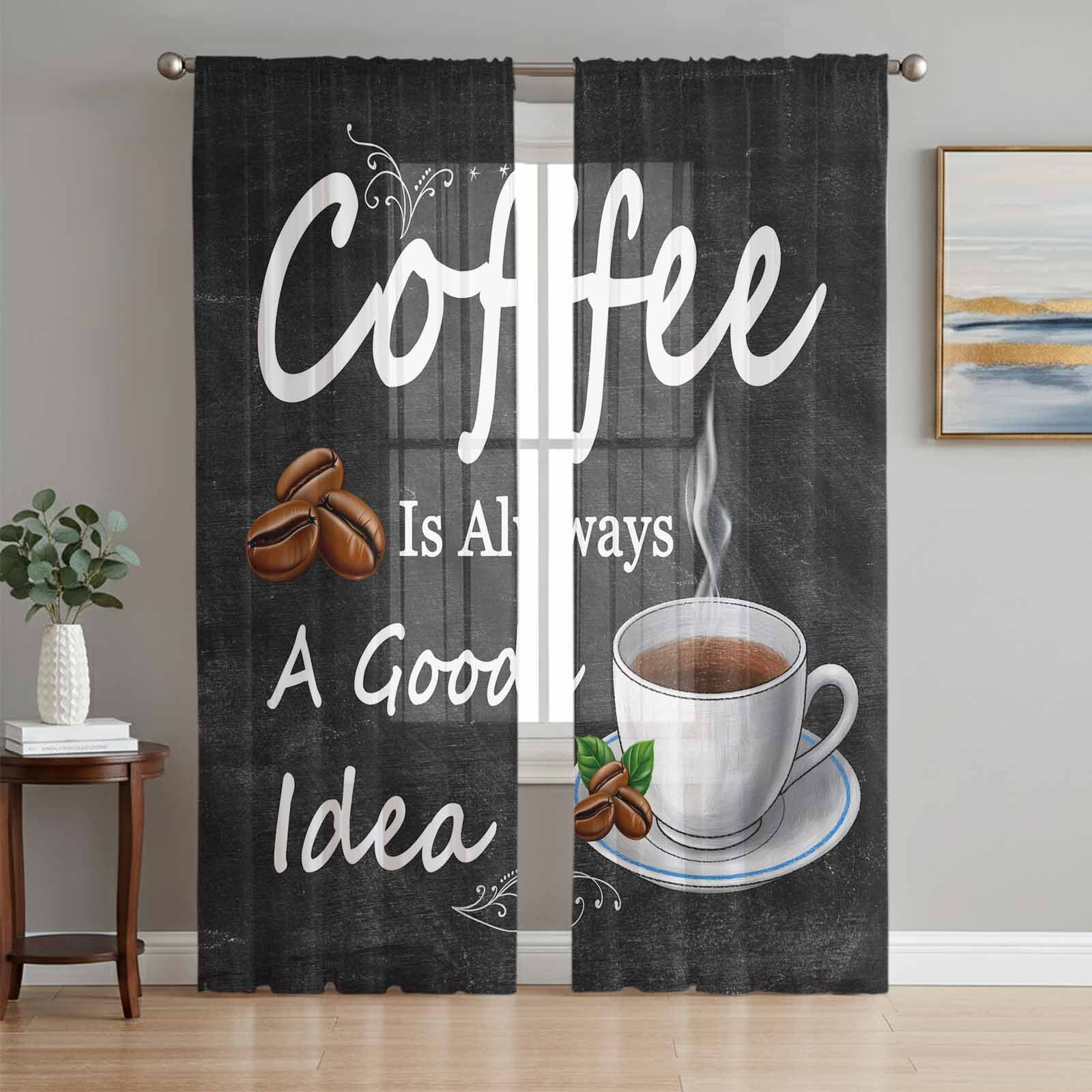 Coffee Bean Cup Cafe Drink on Black Chiffon Sheer Curtains 108 Inches ...