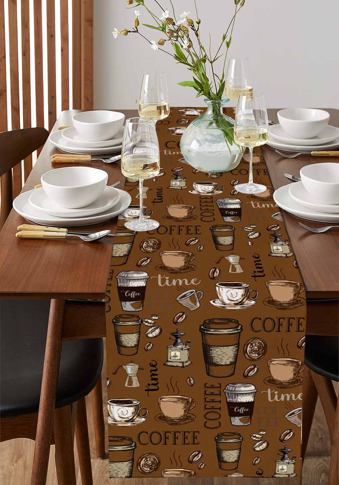 Coffee Bean Cup Vintage Brown Linen Table Runner 13x36in Non-Slip ...