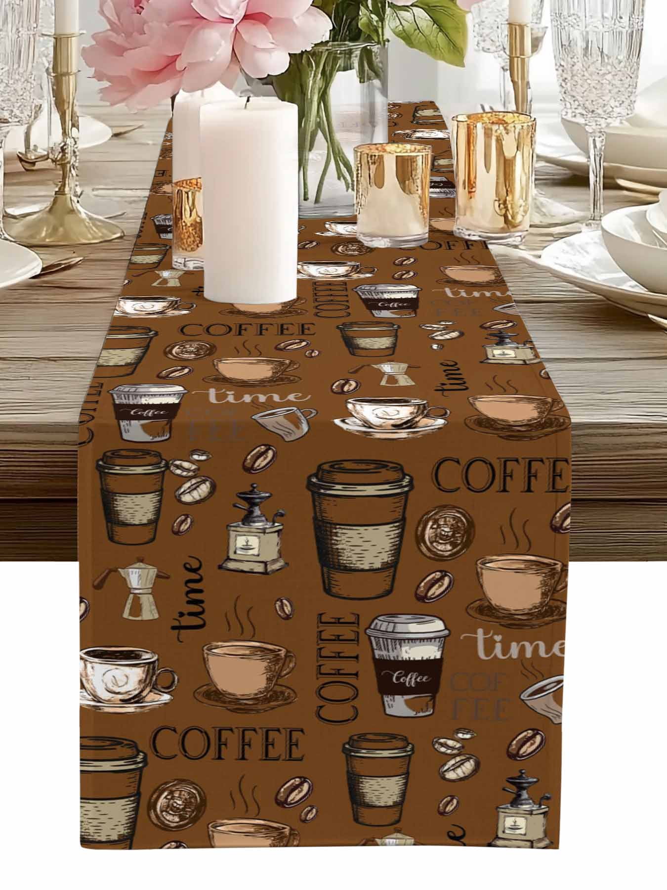Coffee Bean Cup Vintage Brown Linen Table Runner-60 Inch Long Cafe ...