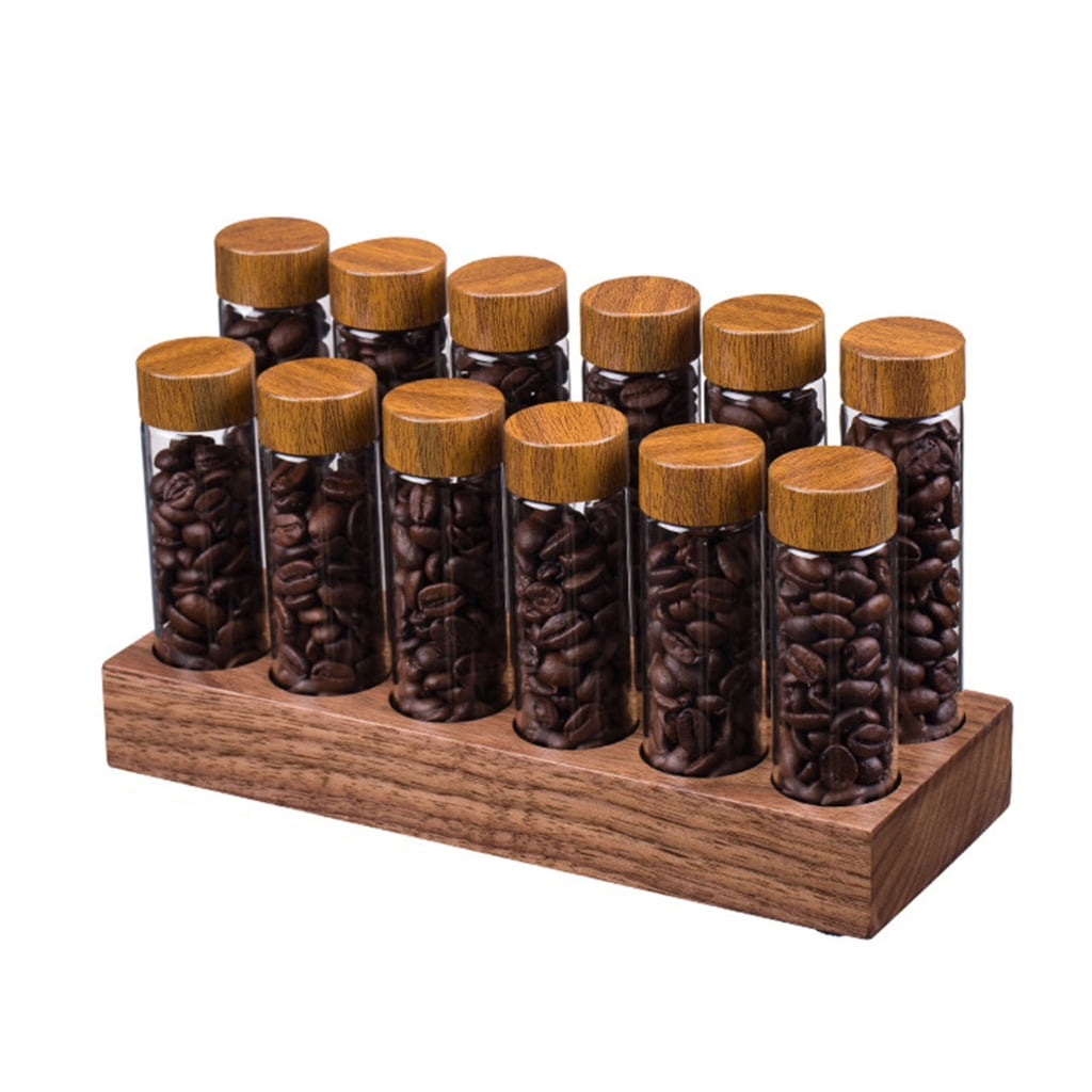 Coffee Bean Storage Tubes Display Rack Set 12 Pack Dosing Glass Bottles ...