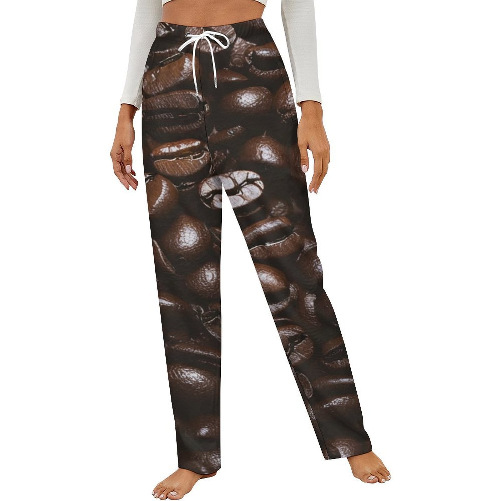 Coffee Bean Texture Winter Female Pants Flannel High Waist Women Pants ...