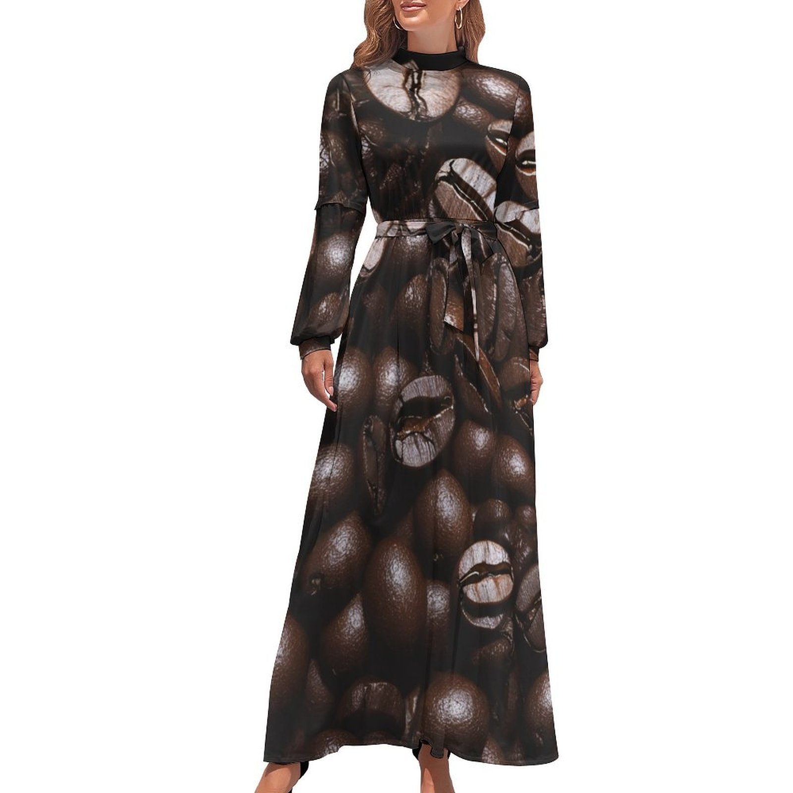 Coffee Bean Texture Women's Long Dress Long Sleeves Dress Vintage ...