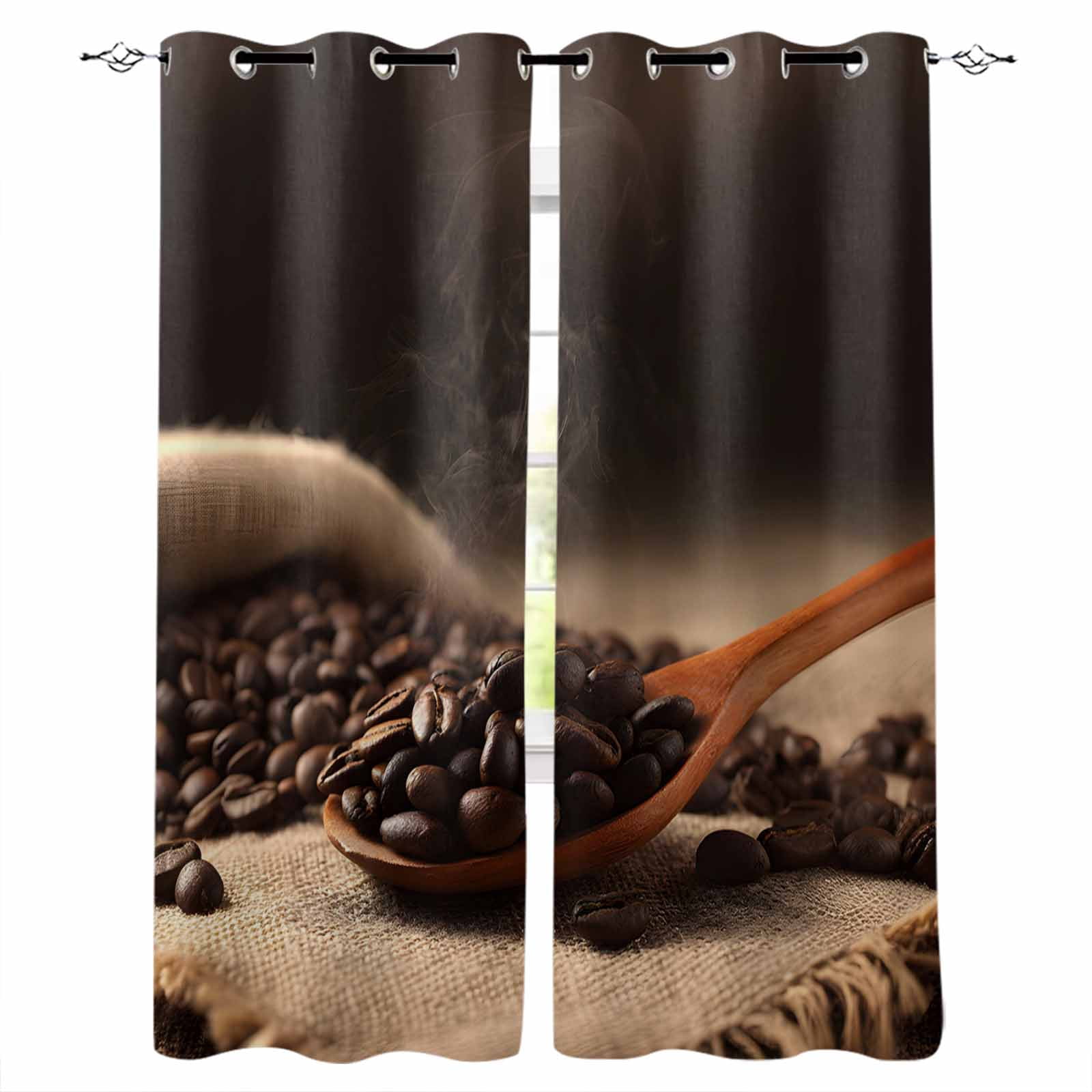Coffee Beans Blackout Curtains for Bedroom, Vintage Wooden Spoon Dark ...