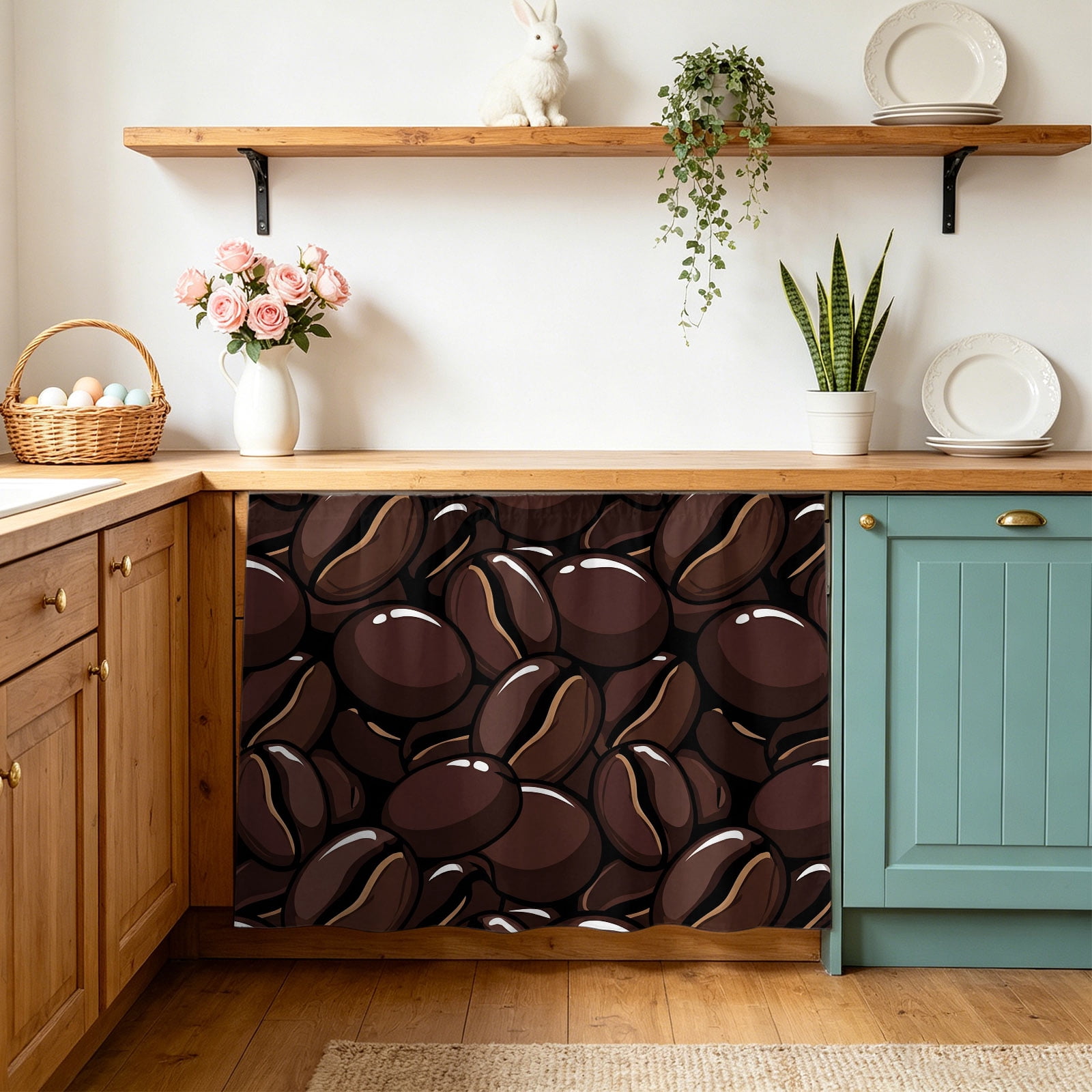 Coffee Beans Cabinet Curtains 28" W x 35" L Country Dark Brown Coffee ...