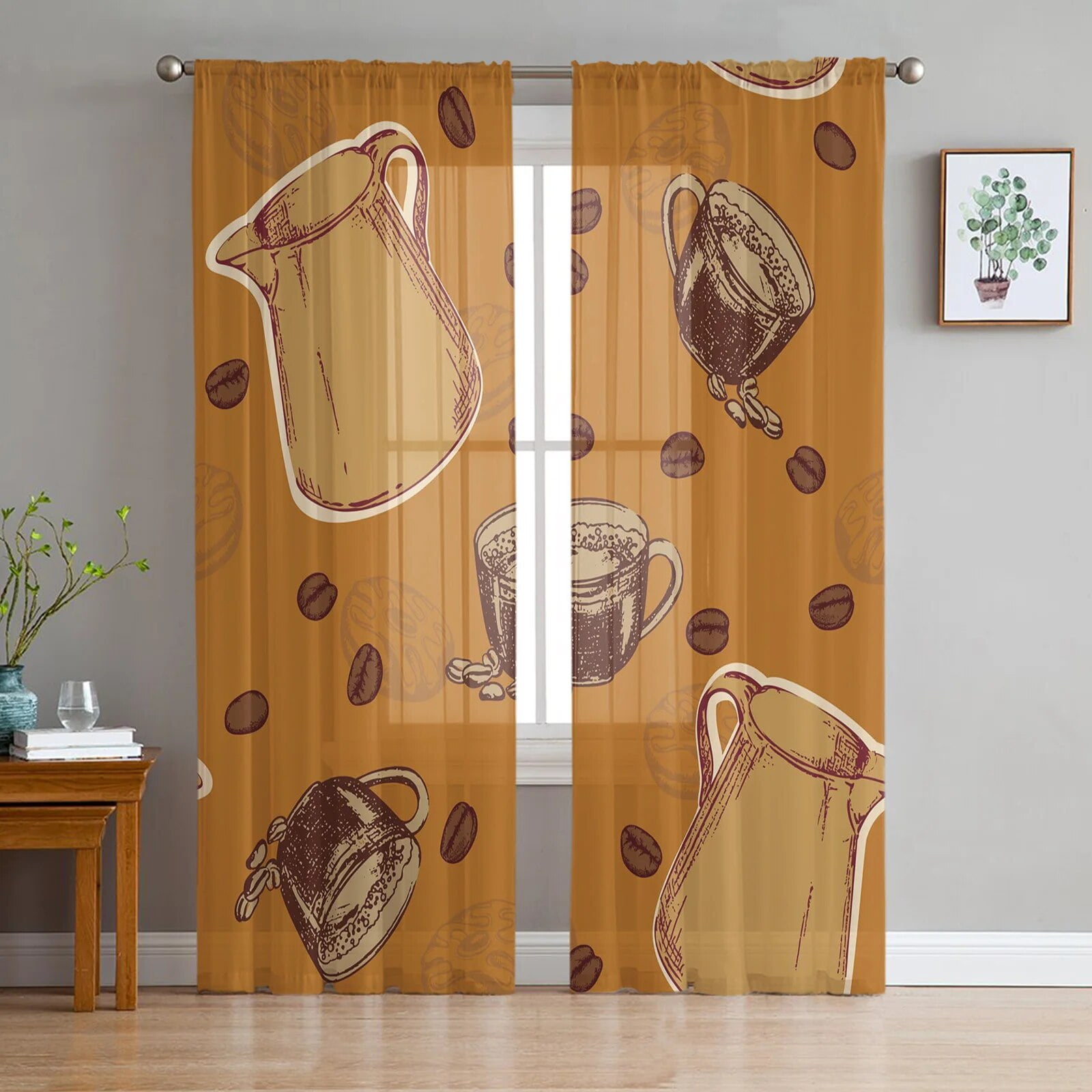 Coffee Beans Coffee Cup Brown Sheer Window Curtains for Bedroom Drapes ...