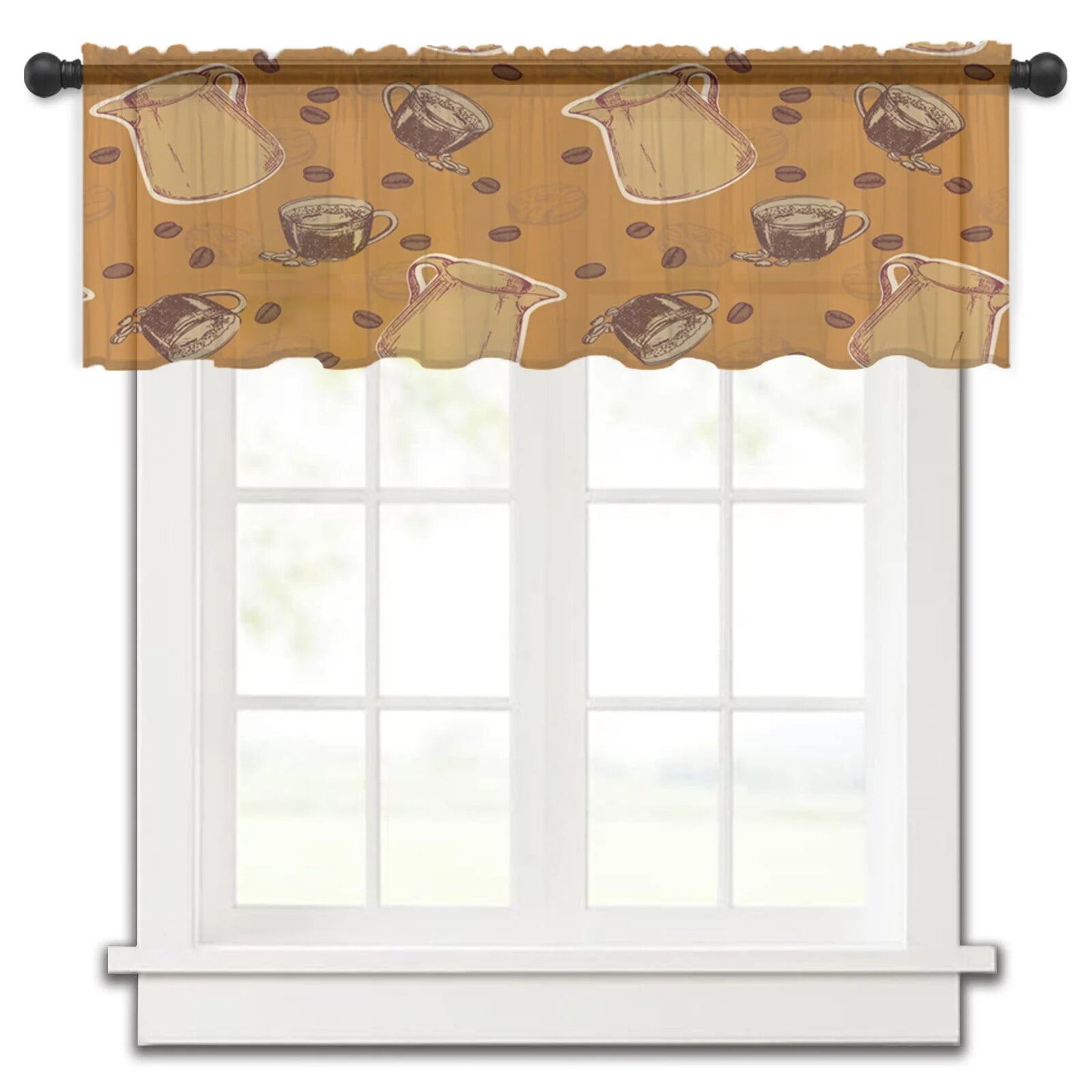 Coffee Beans Coffee Cup Brown Short Sheer Window Curtain Tulle Curtains ...