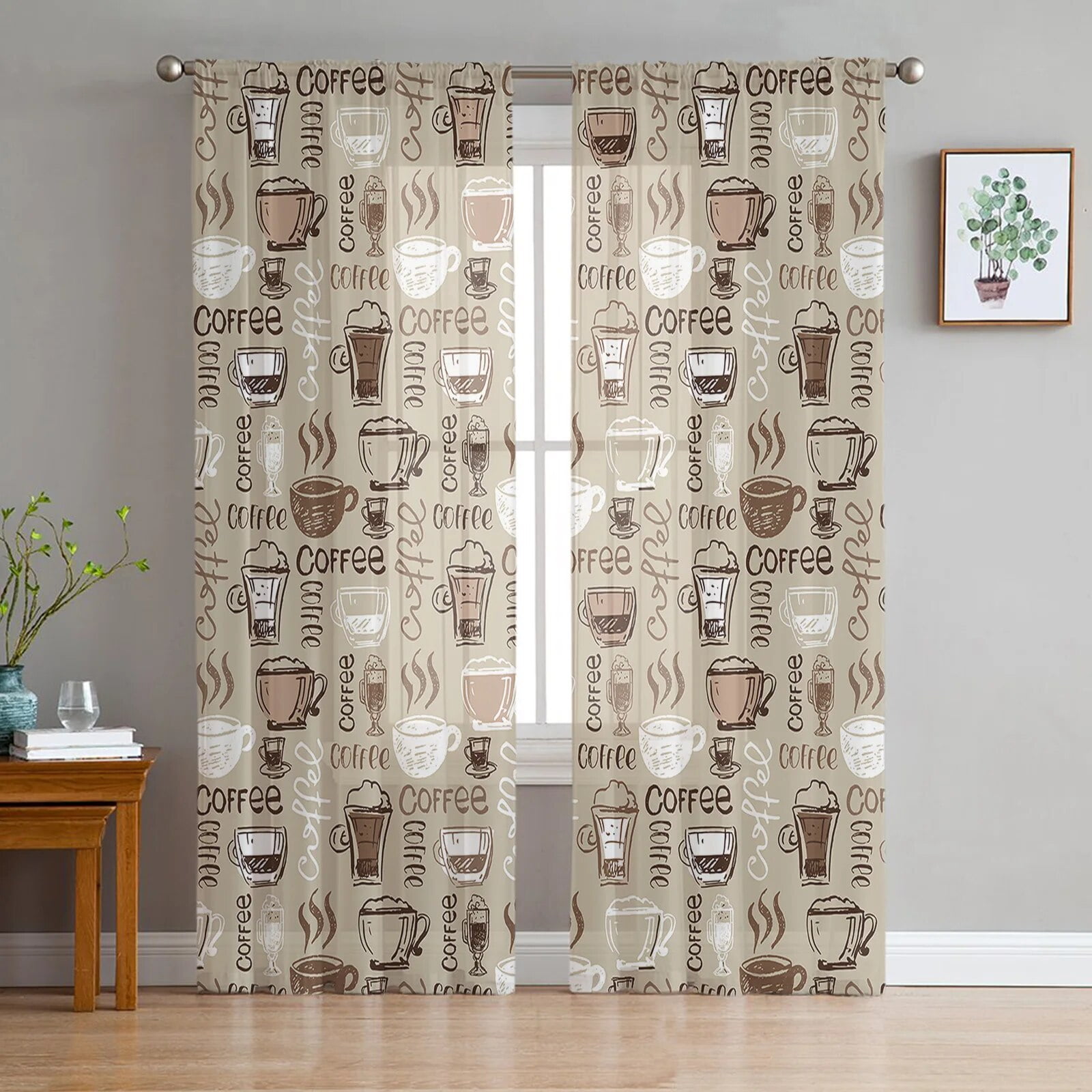 Coffee Beans Coffee Cups Bedroom Transparent Sheer Curtains Holiday ...