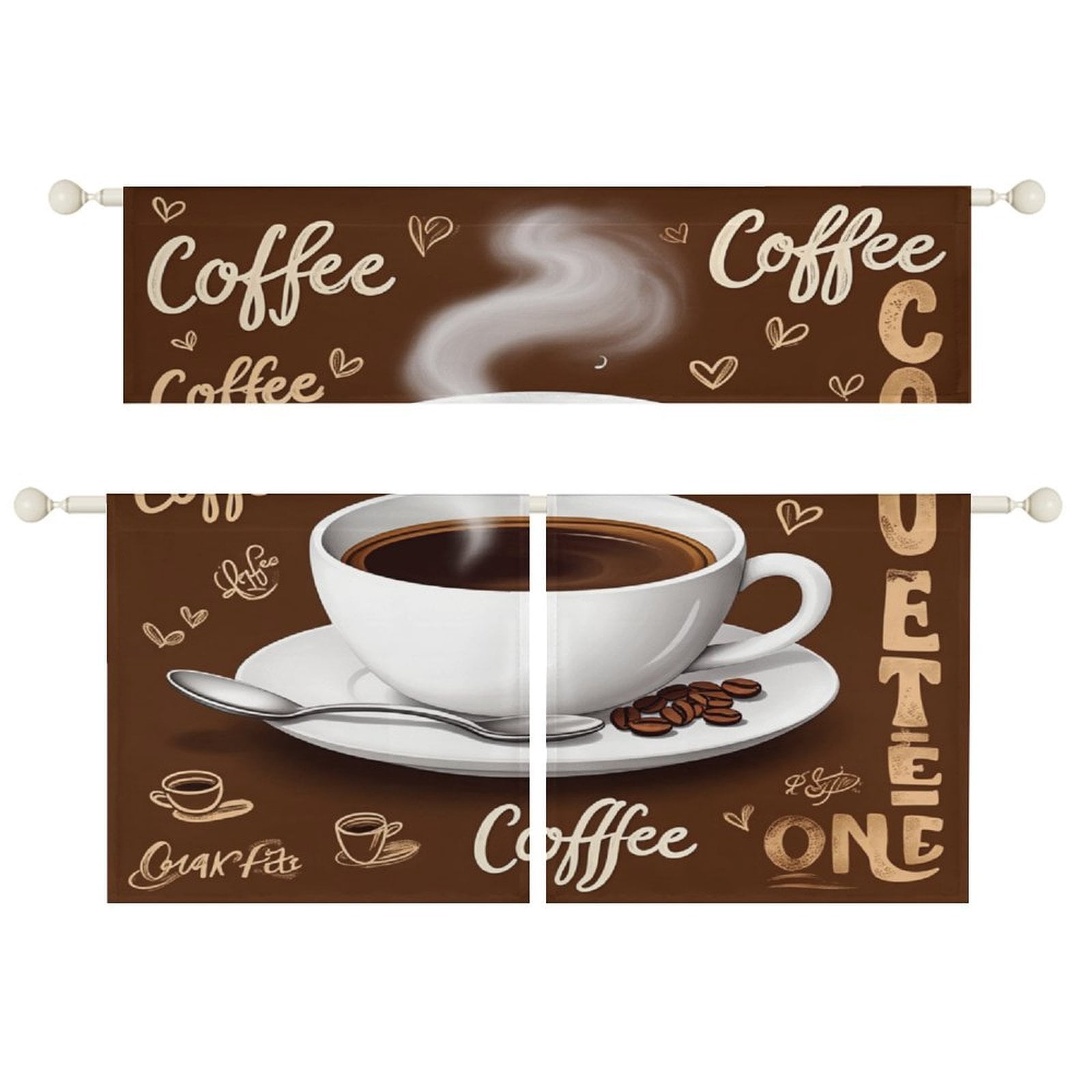 Coffee Beans Cup 3-Piece Kitchen Curtain Set - Tier Valance Curtains ...