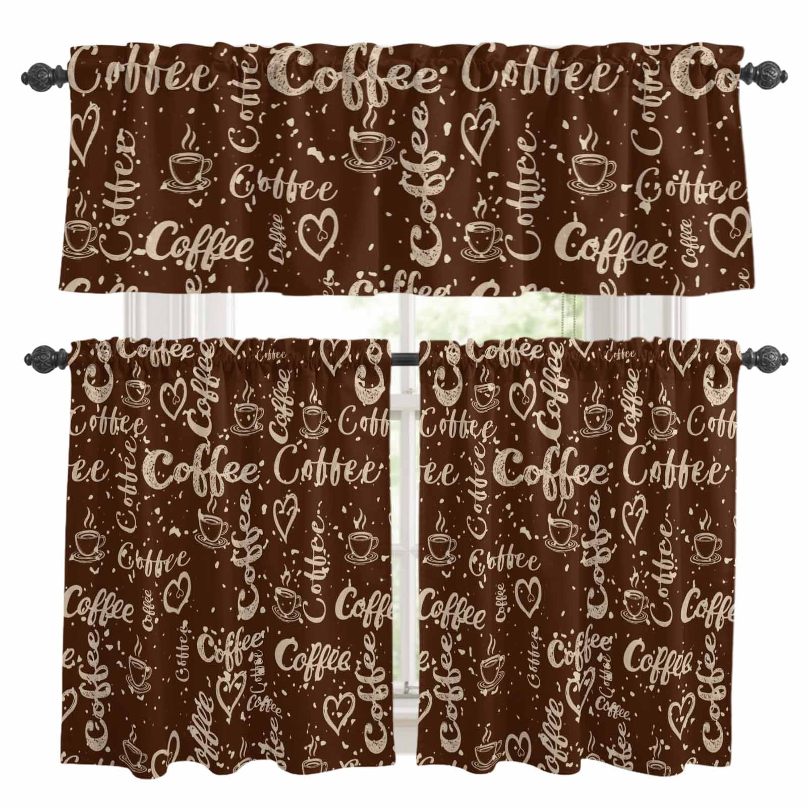 Coffee Beans Curtain Valances Set Love Heart Vintage Brown Kitchen ...