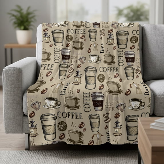 Coffee Beans Fleece Throw Blanket Vintage Abstract White Brown Coffee ...