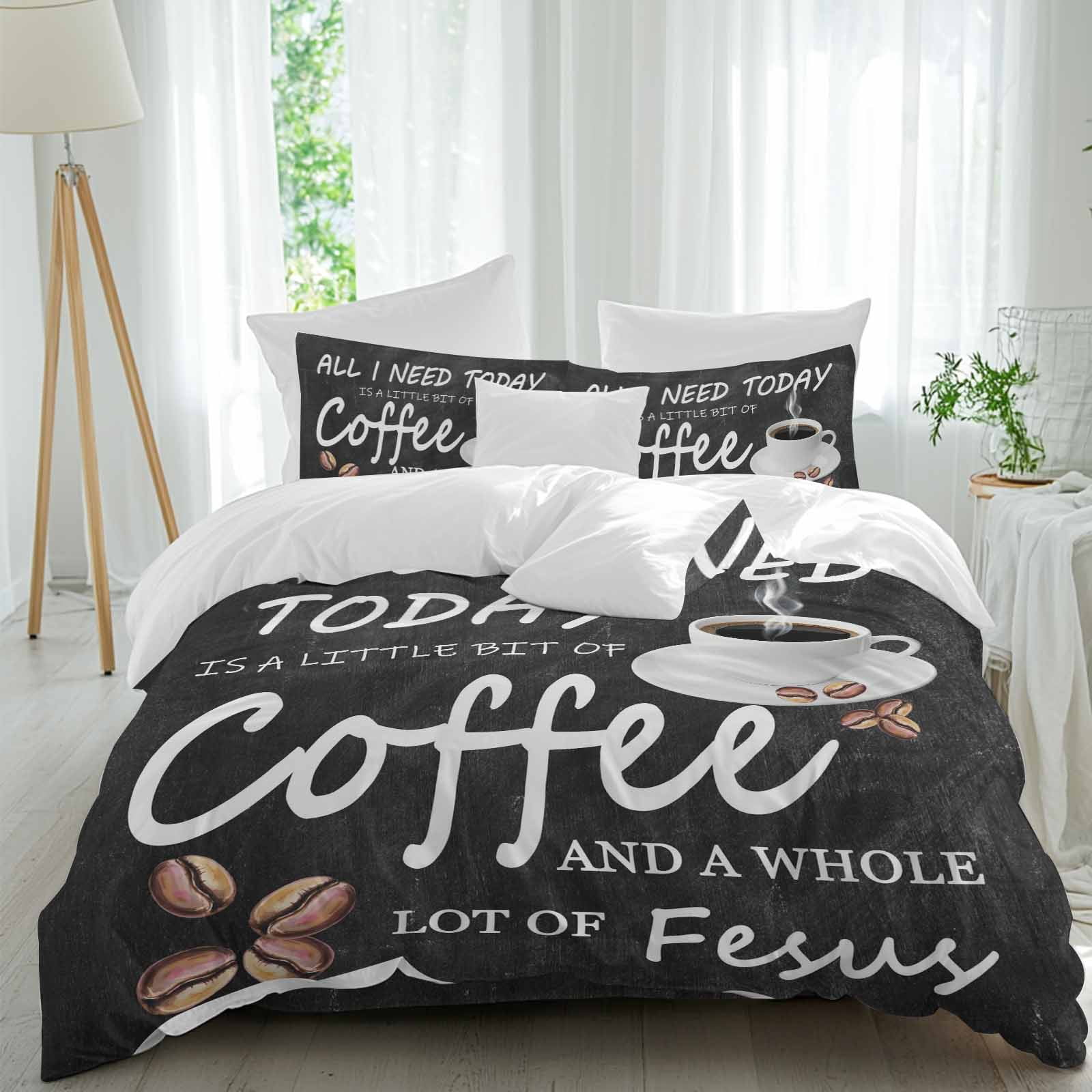 Coffee Beans Full Duvet Cover Set, Coffee Cup Letterings Black 4 Piece ...