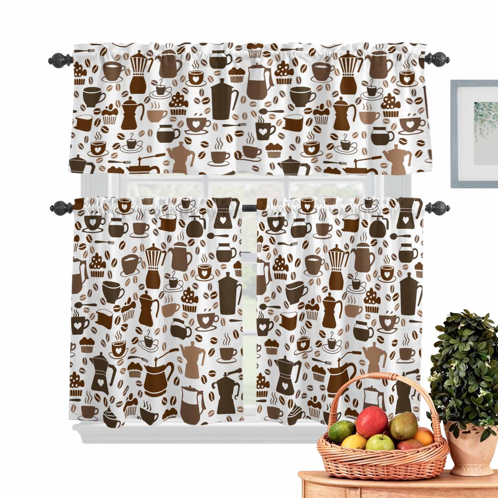 Coffee Beans Kitchen Curtains Valances 3 Piece Set, Brown Cake Hot ...