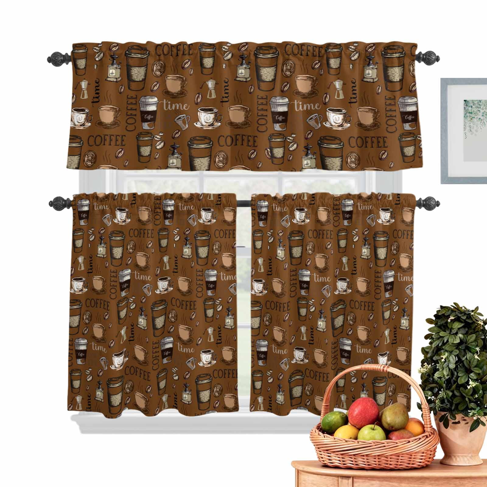 Coffee Beans Kitchen Curtains Valances 3 Piece Set, Vintage Abstract ...