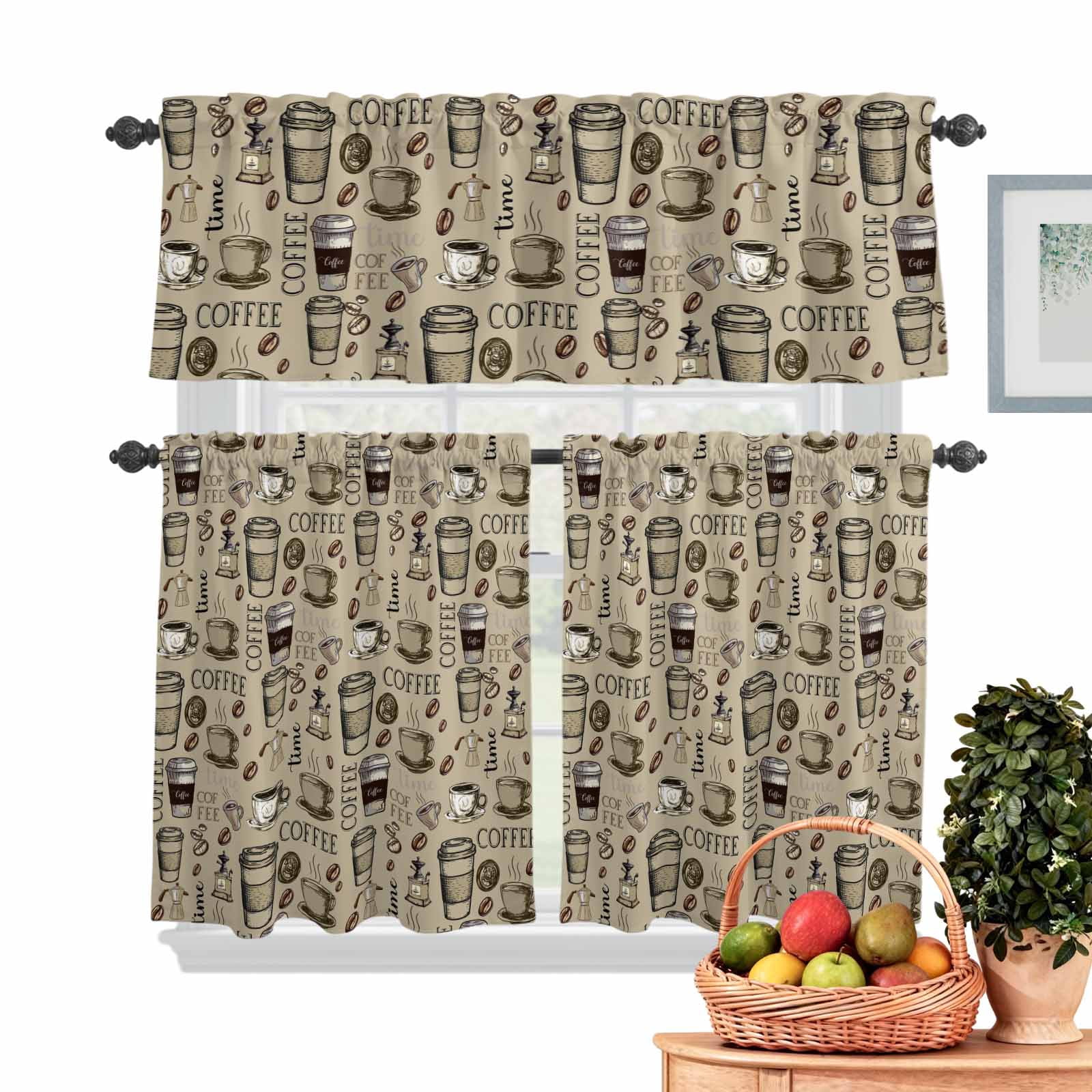 Coffee Beans Kitchen Curtains Valances 3 Piece Set, Vintage Abstract ...