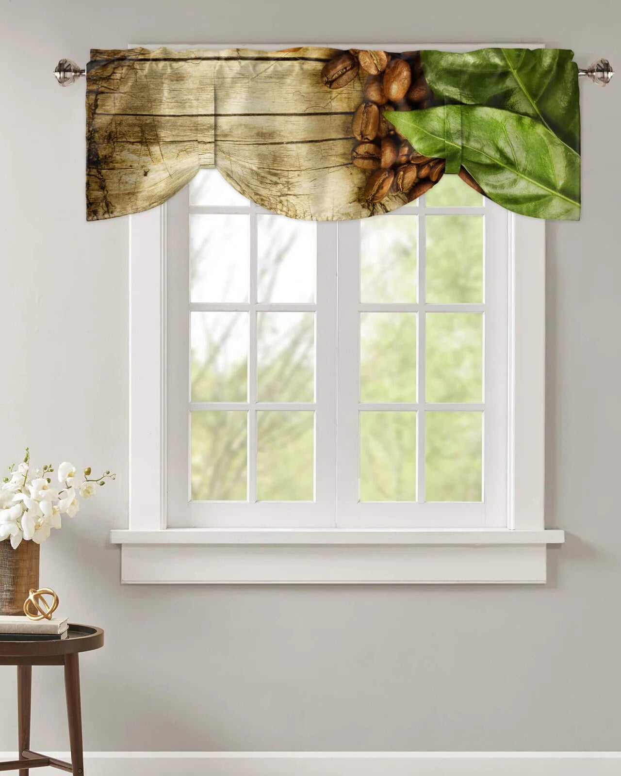 Coffee Beans Leaves Vintage Wooden Board Window Curtain Kitchen Cabinet ...