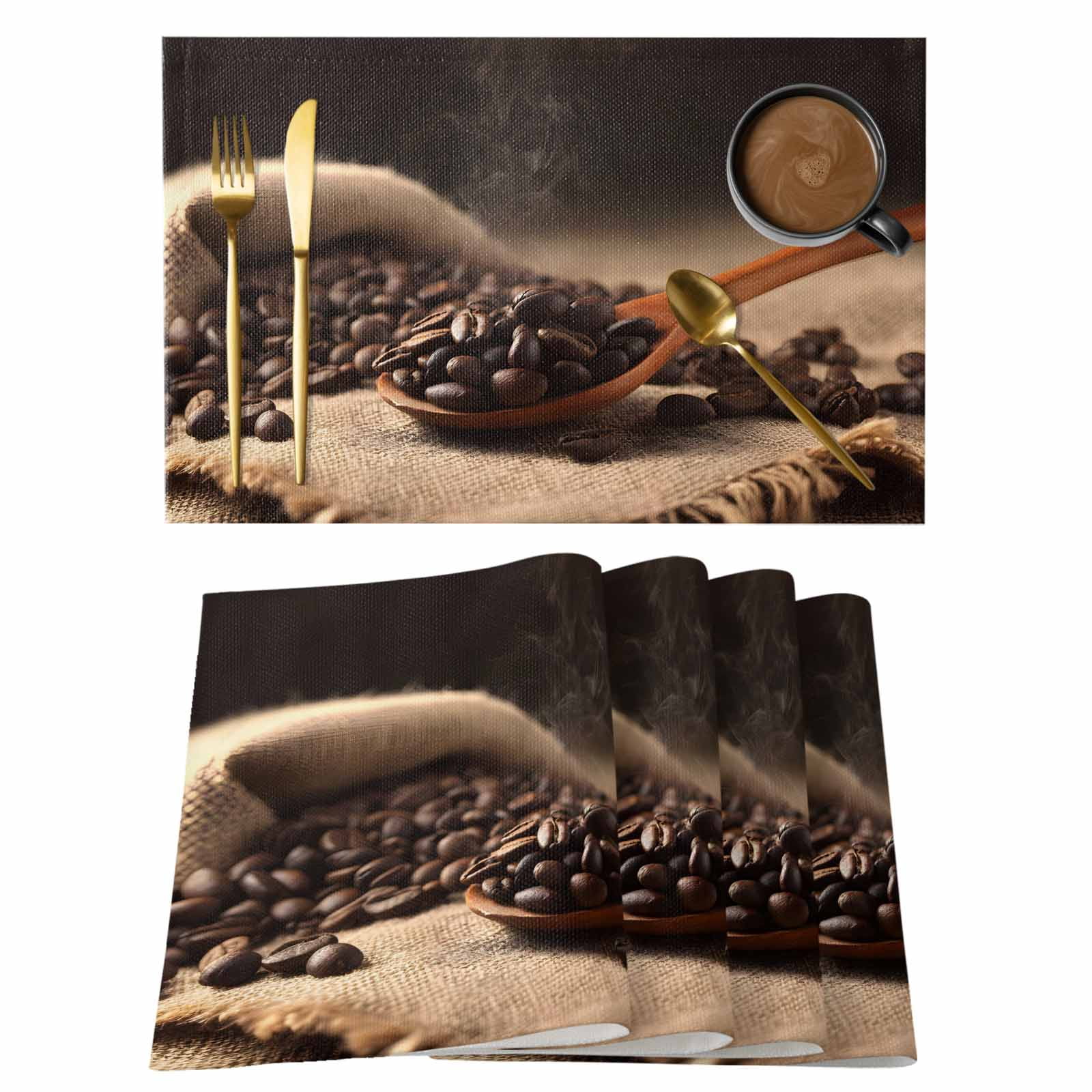 Coffee Beans Placemats Set of 12 Vintage Wooden Spoon Dark Brown Cafe ...