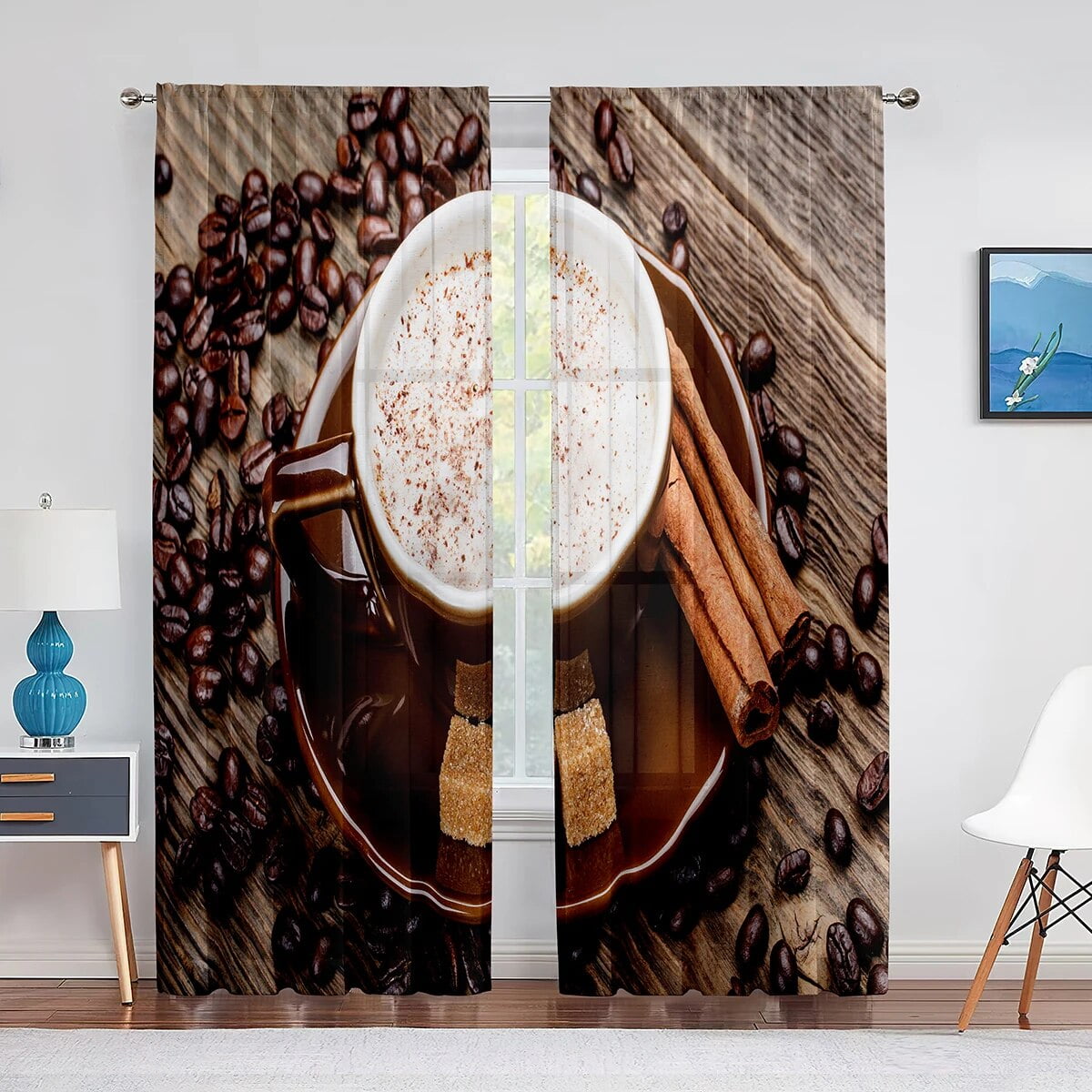 Coffee Beans Porcelain Cup Sheer Curtains for Living Room Bedroom ...